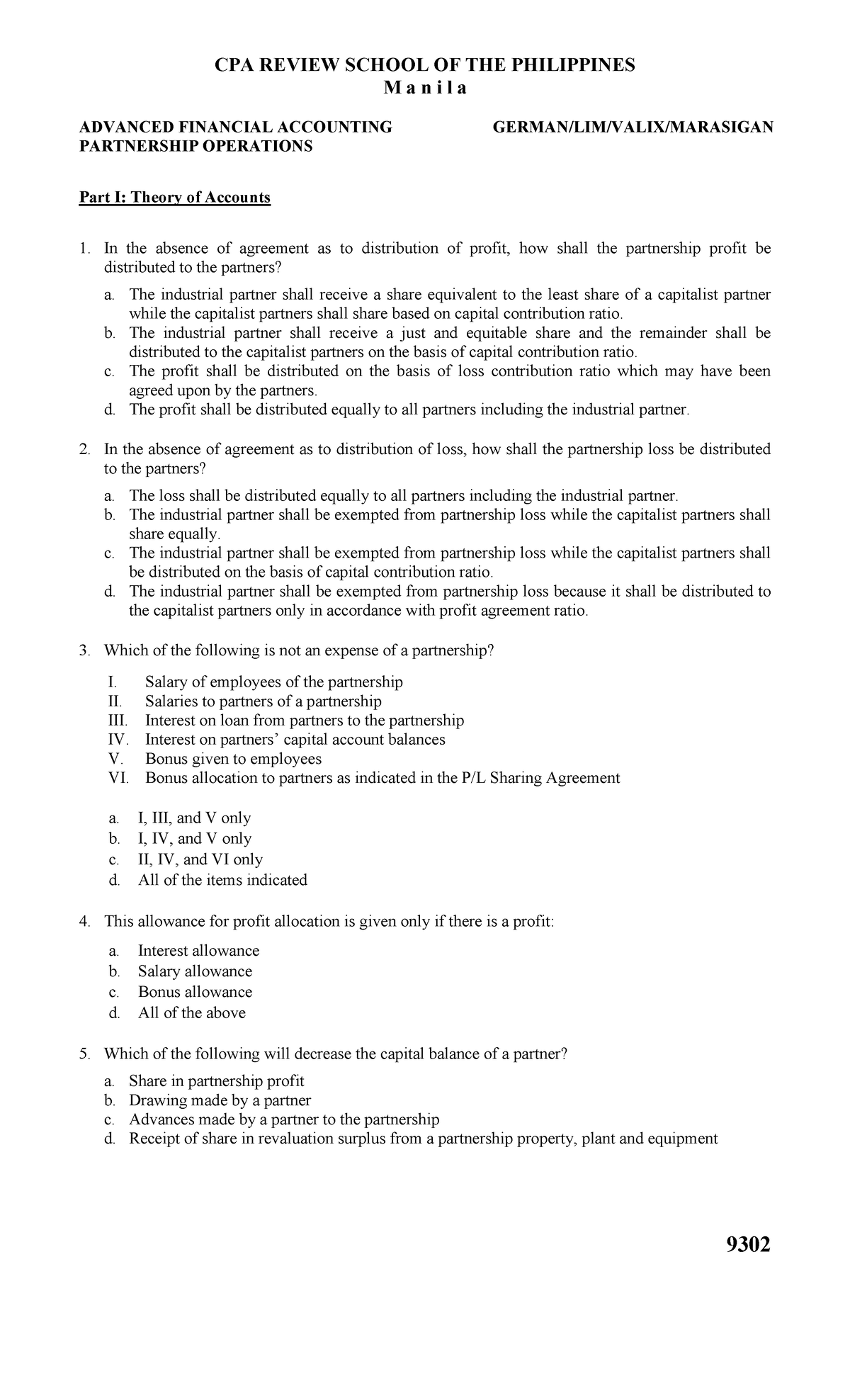 9302 - Partnership Operation - 9302 CPA REVIEW SCHOOL OF THE ...