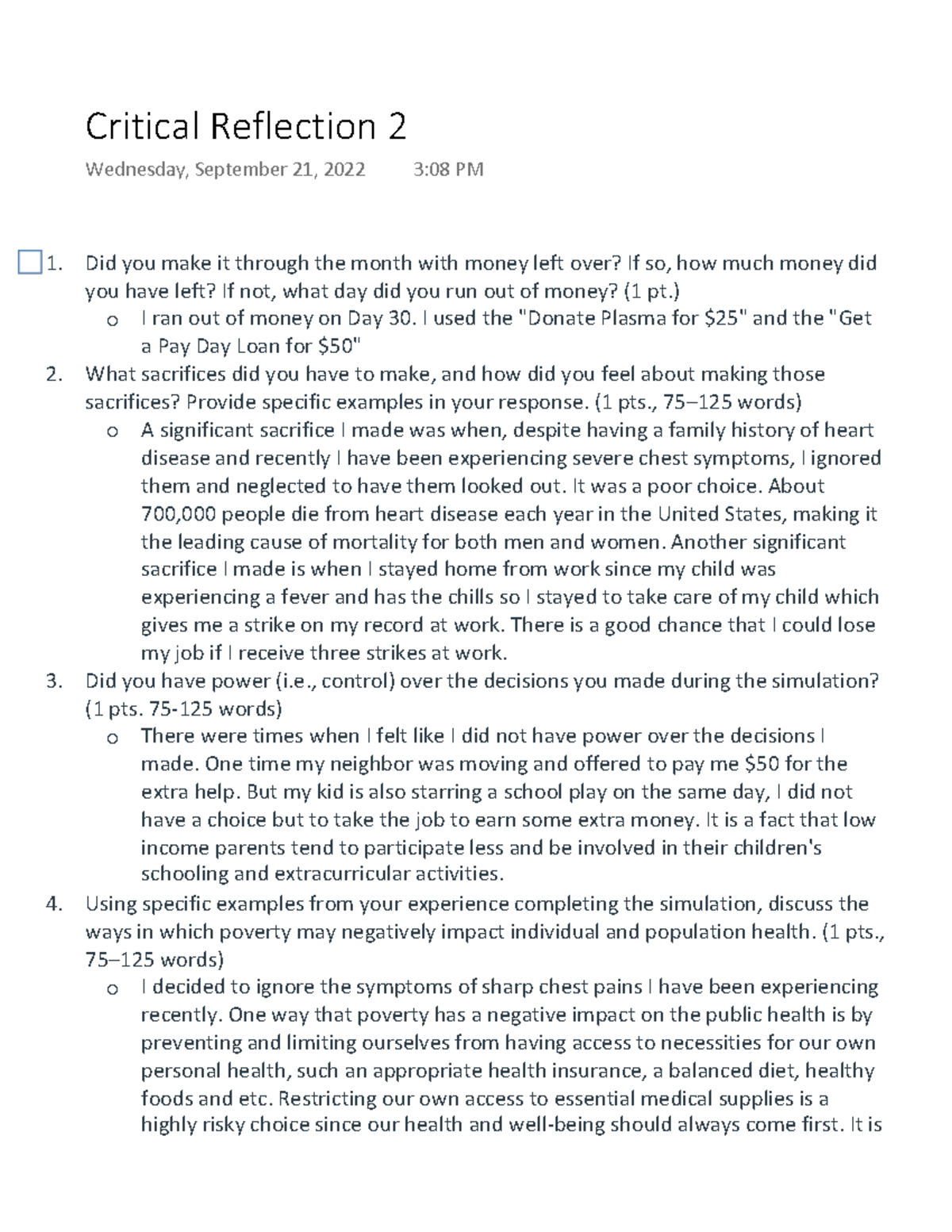 HTH 231 Critical Reflection 2 - Did you make it through the month with ...