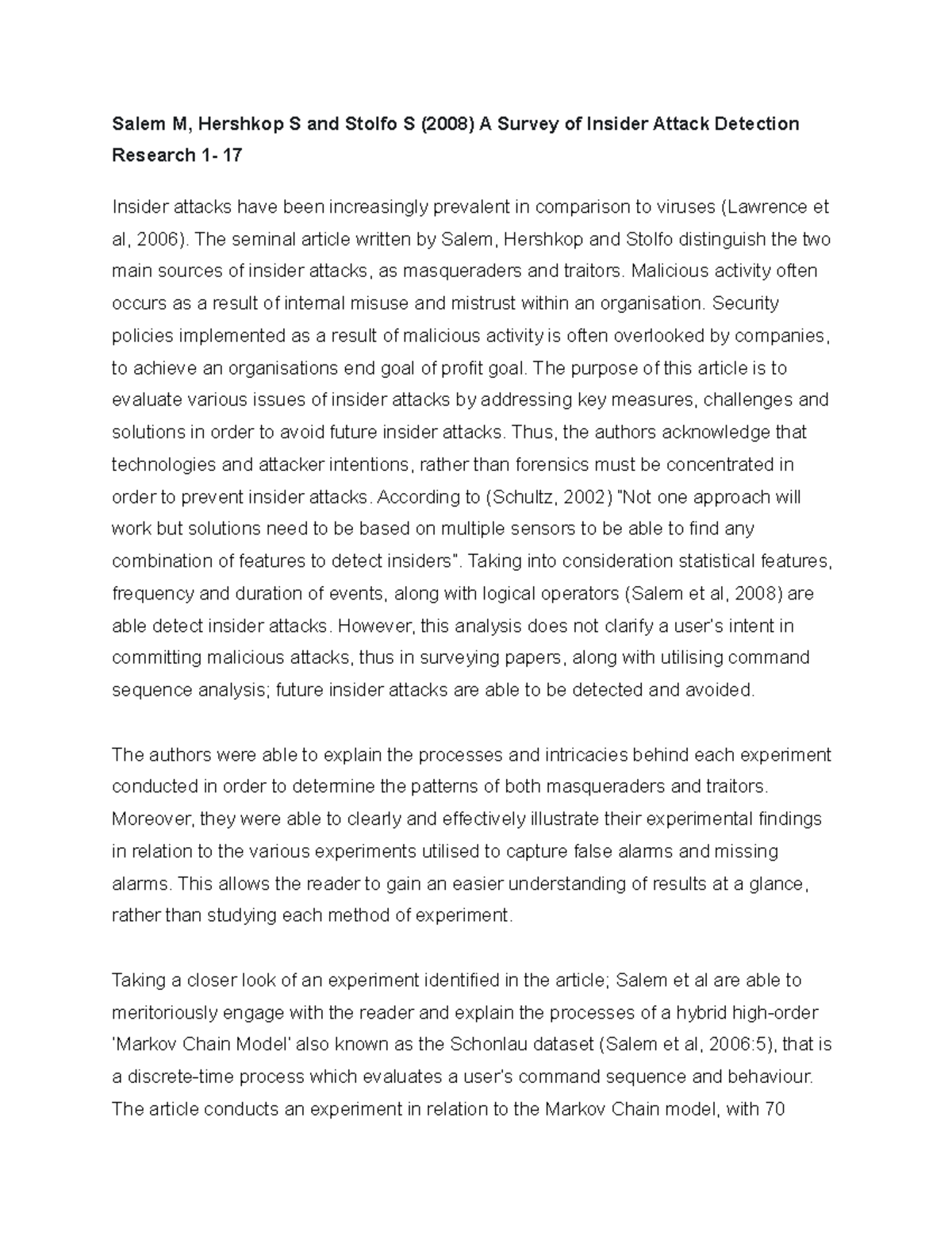 PICT311 Seminal Article - Salem M, Hershkop S and Stolfo S (2008) A ...