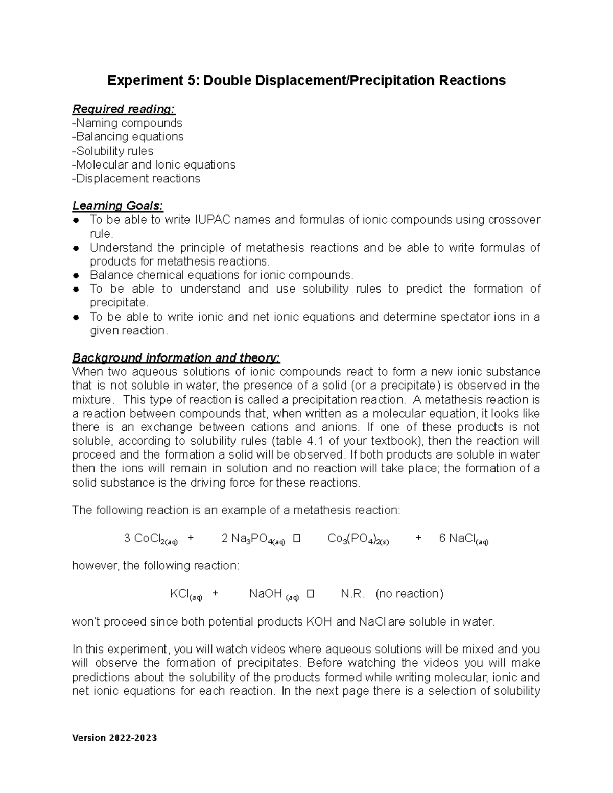 Experiment 5- Double Displacement Precipitation Reactions 2022-2023 ...