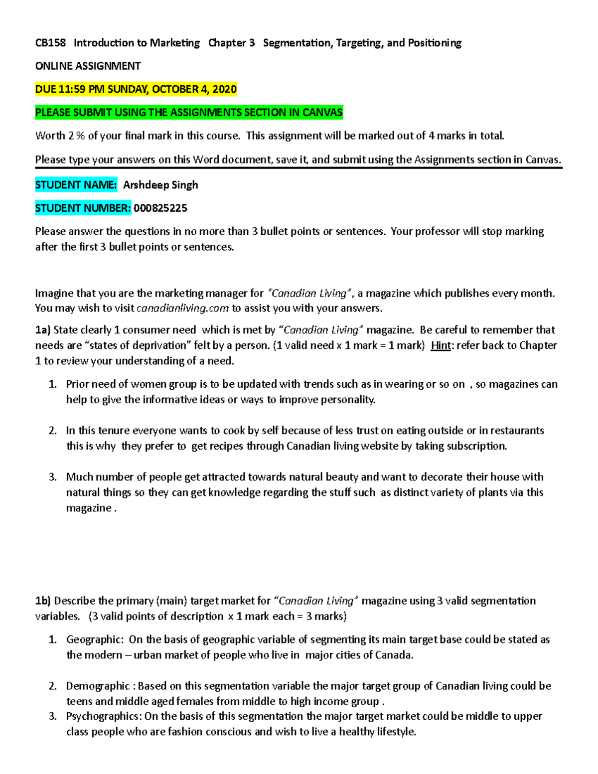 Chapter Three Online Assignment 1 - CB158 Introduction to Marketing ...