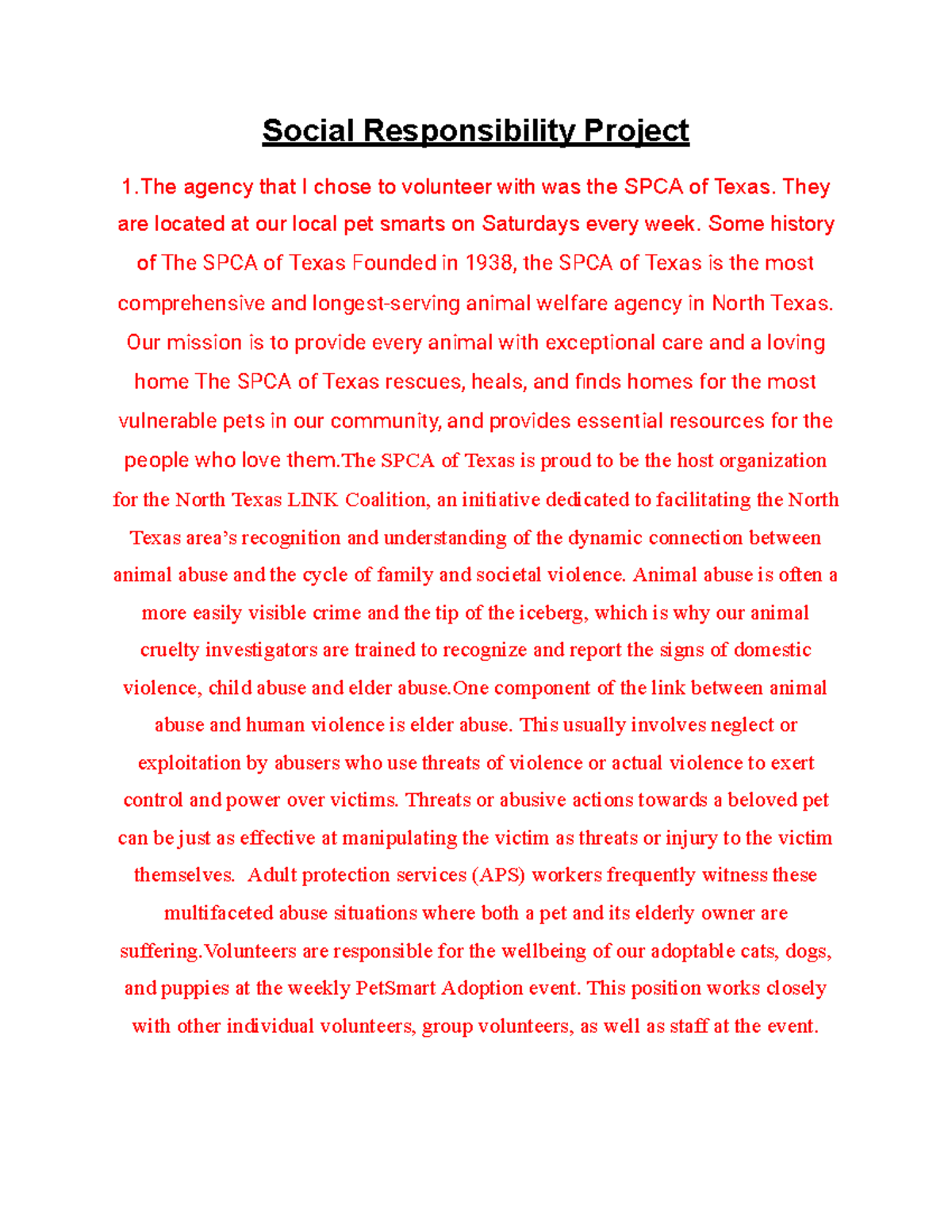 Service Project. - report - Social Responsibility Project 1 agency that ...