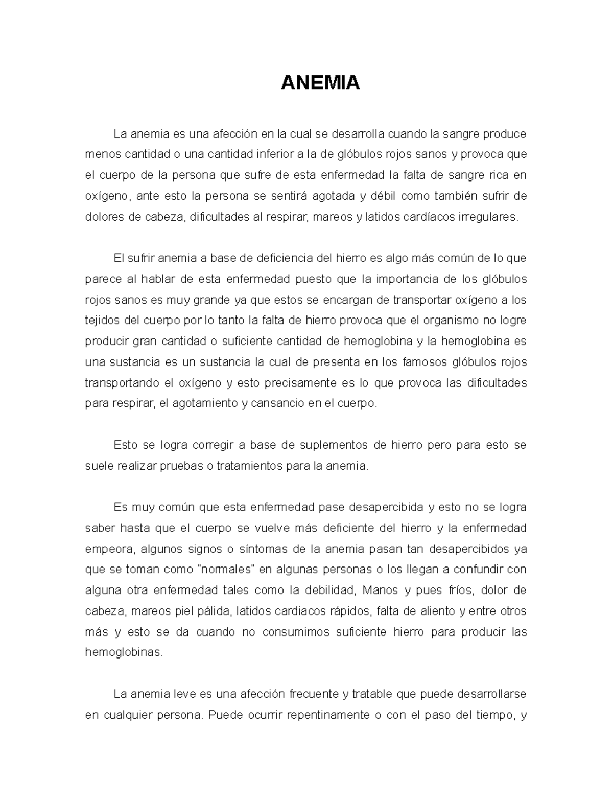 Anemia- tarea jose - util - ANEMIA La anemia es una afección en la cual ...