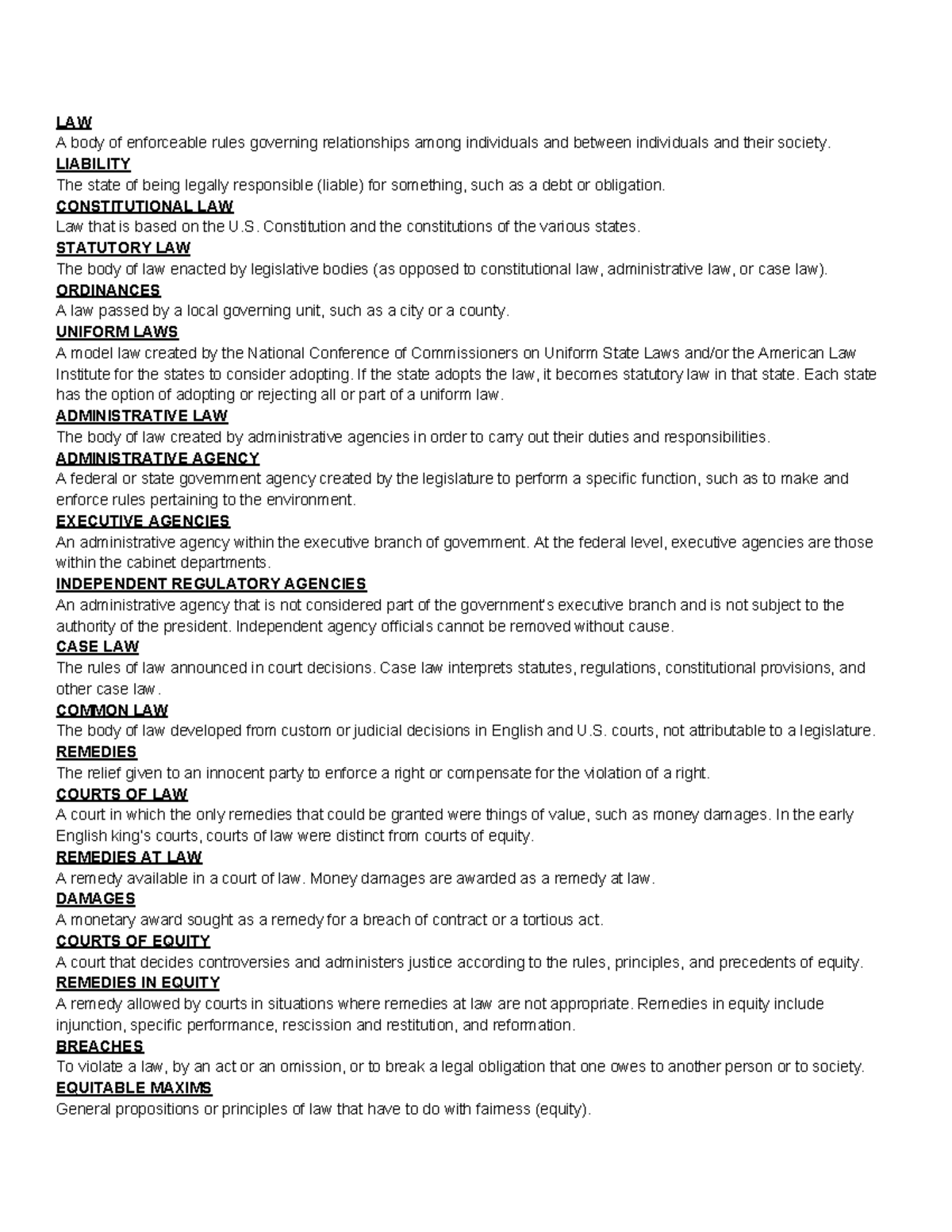 Ch 1-3 - LAW A body of enforceable rules governing relationships among ...