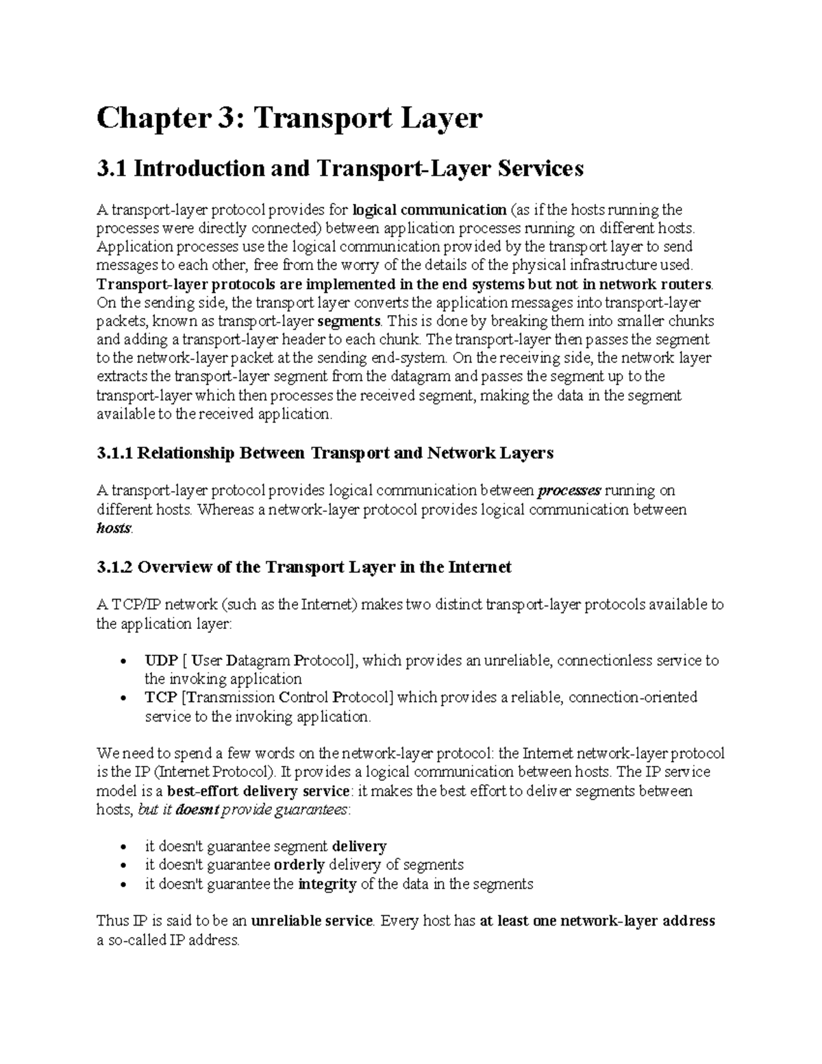 Final notes - Chapter 3: Transport Layer 3 Introduction and Transport ...