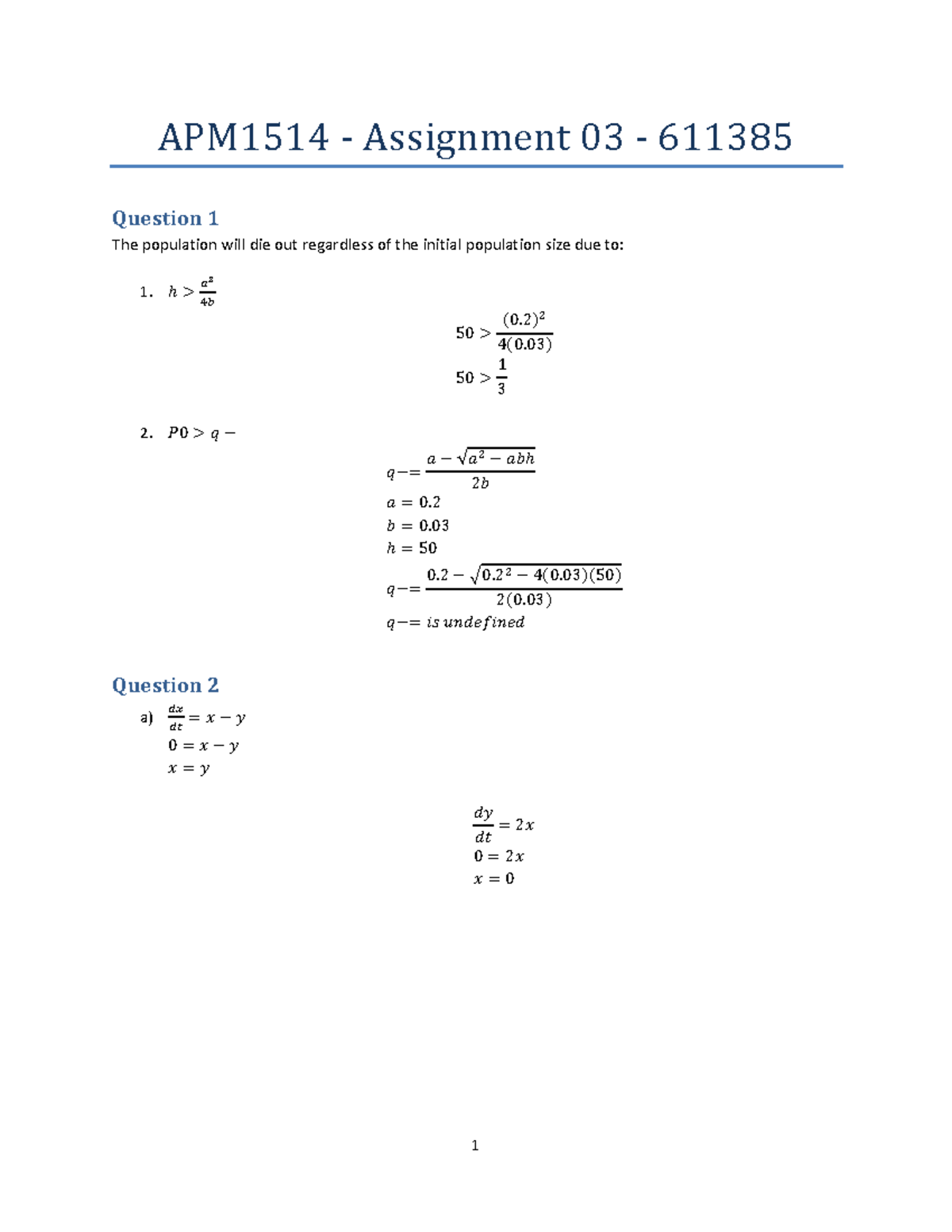 APM1514 Assignment 3 Semester 1 2020 Memo - APM1514 - Assignment 03 ...
