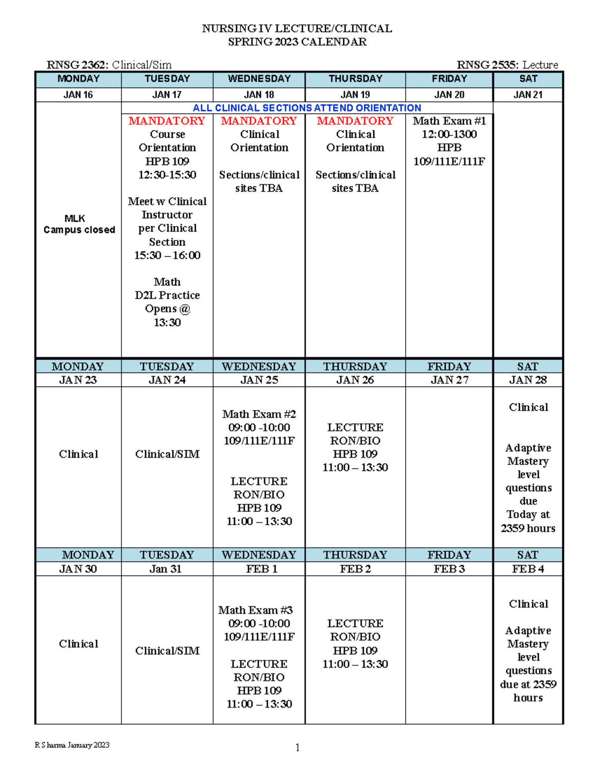 2023 SP N4 Calendar 1 13 23 Final - SPRING 2023 CALENDAR RNSG 2362 ...
