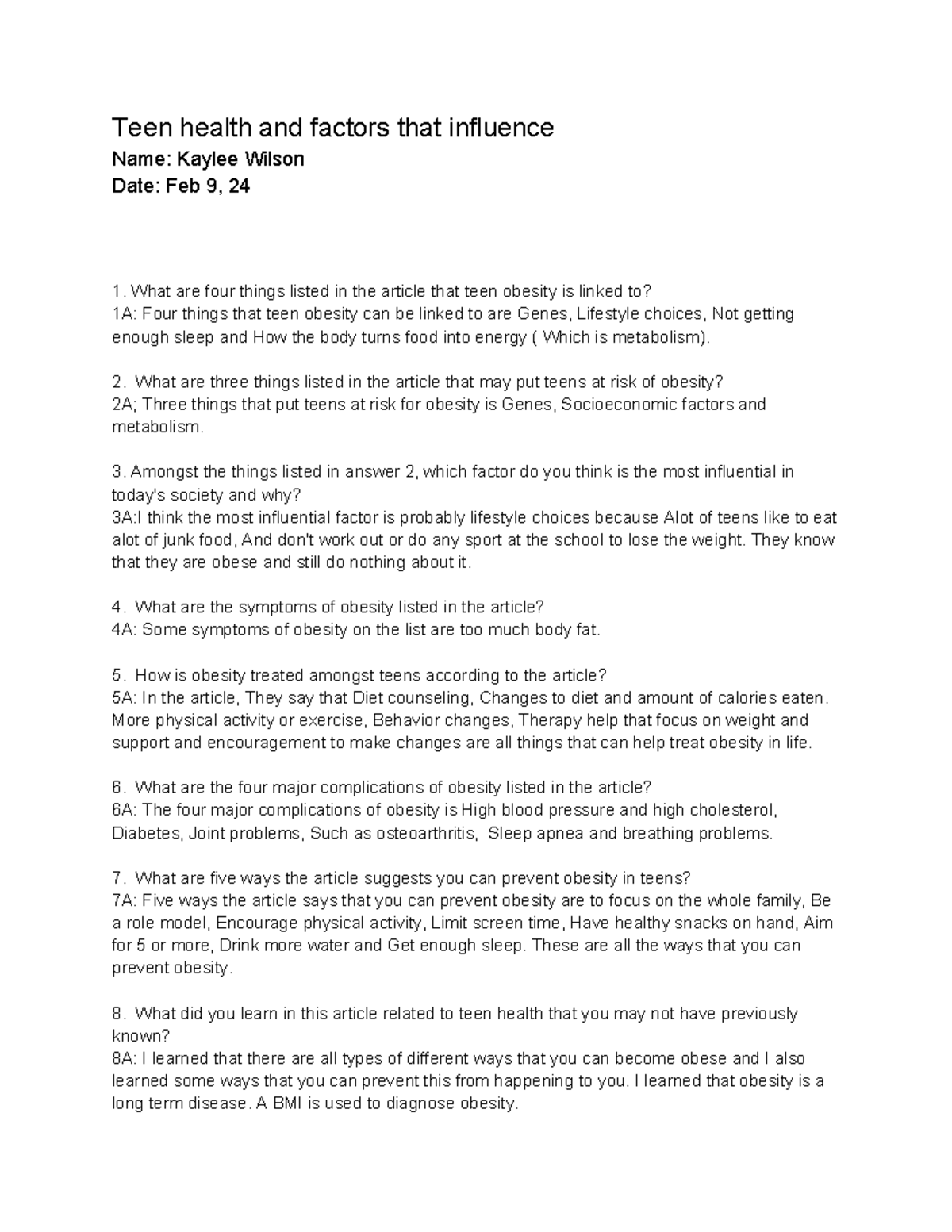 Teen health and factors that influence - What are four things listed in ...