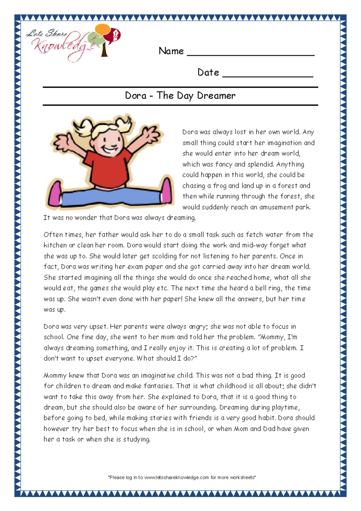 6 Dora The day Dreamer grade 3 comprehension worksheet - “Please log in ...