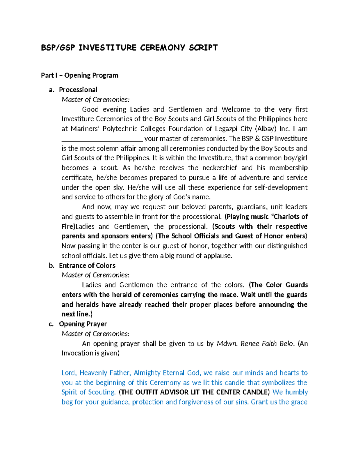 614280278 Investiture Ceremony Script - BSP/GSP INVESTITURE CEREMONY ...