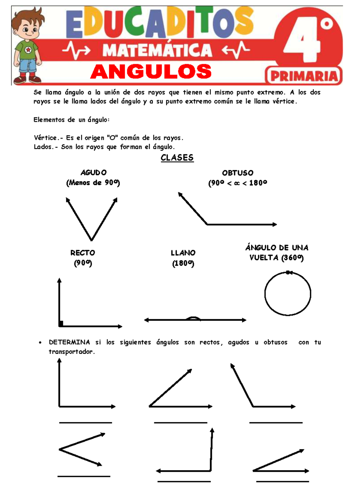 Angulos para Cuarto Grado de Primaria - Se llama ángulo a la unión de ...