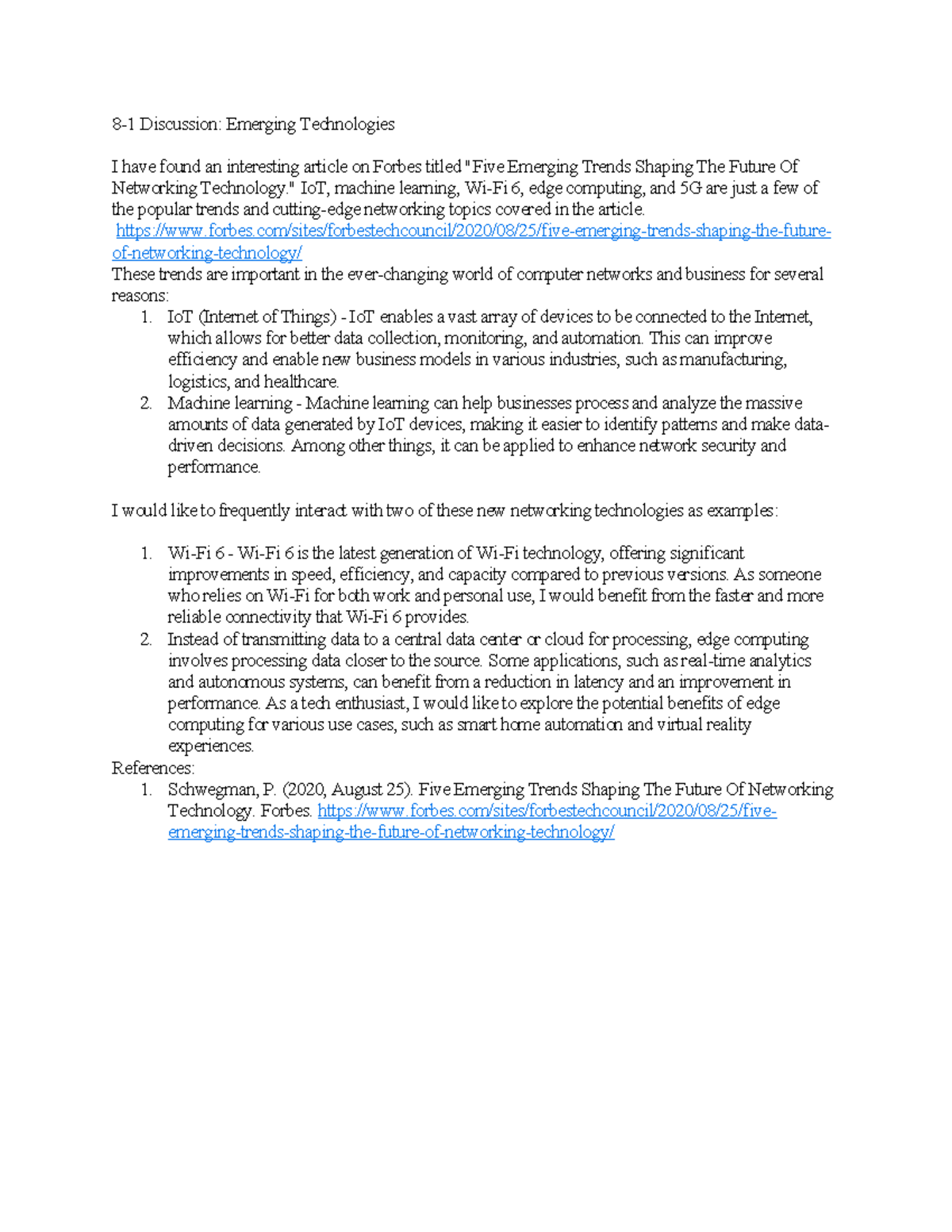 8-1 Discussion- Emerging Technologies - " IoT, machine learning, Wi-Fi ...
