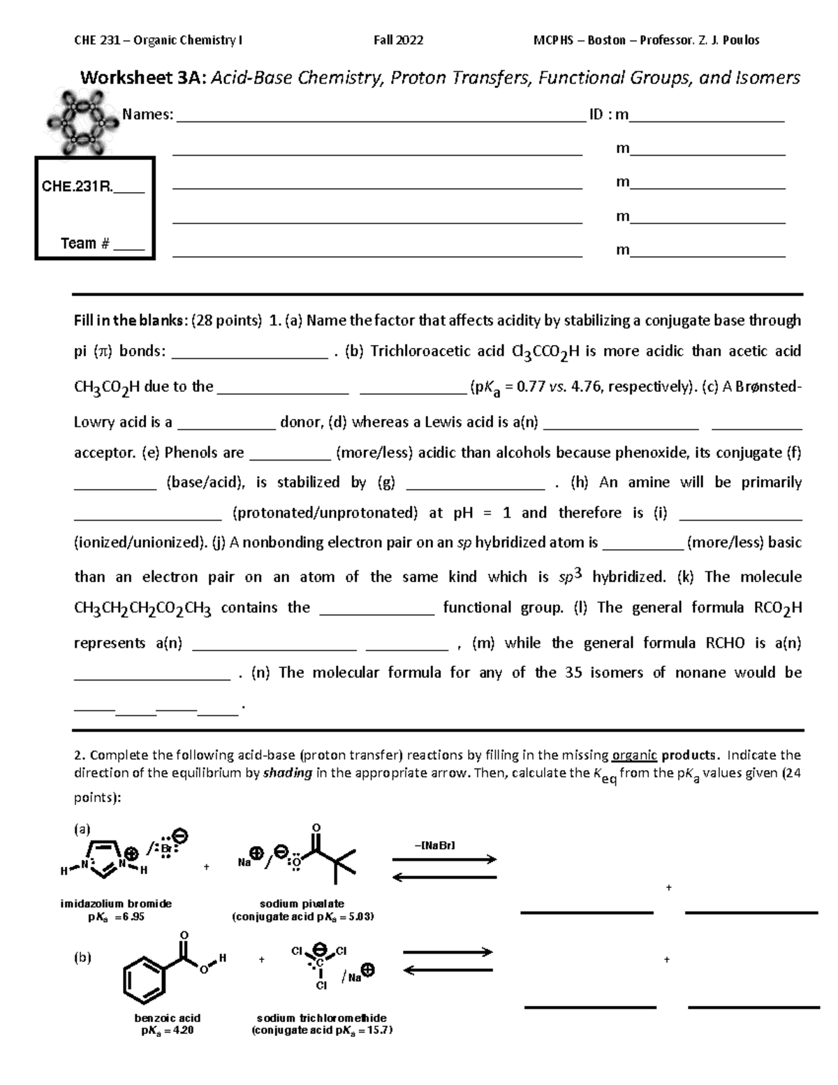 Worksheet 3A - Acid-Base Chemistry, Proton Transfers, Functional Groups ...