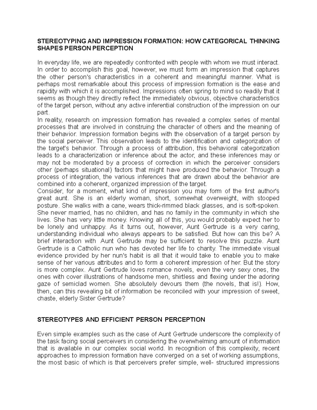 Stereotyping And Impression Formation How Categorical Thinking Shapes Person Perception - - Studocu