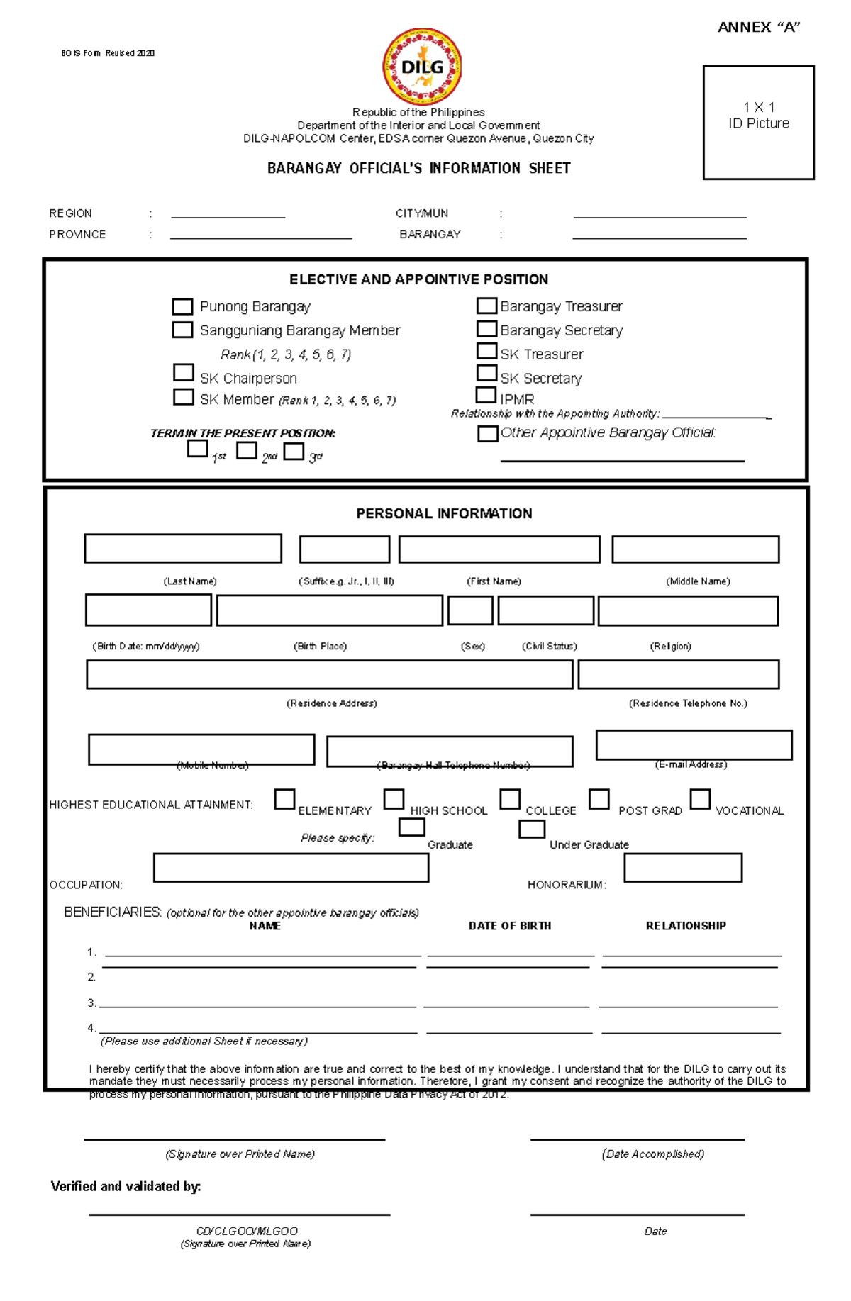 Bois-form-revised-2020 - BOIS Form Revised 2020 Republic of the Philippines Department of the ...