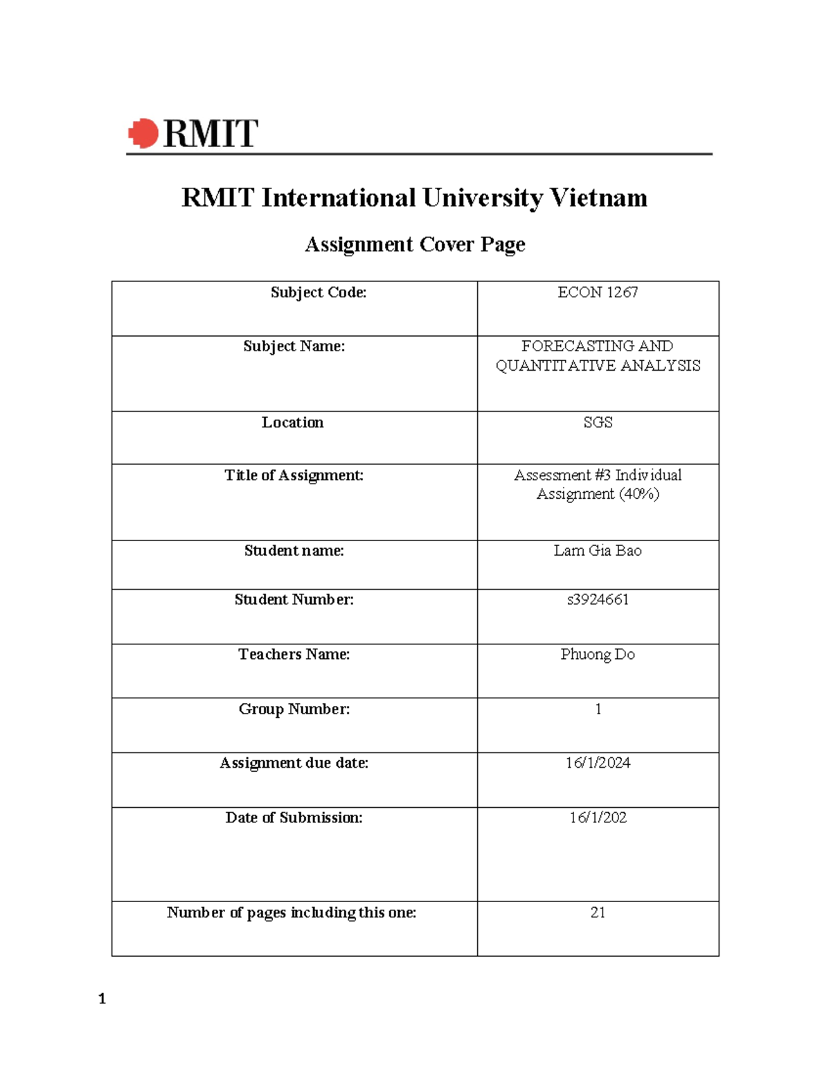 FC ASM3 indi - asm3 - RMIT International University Vietnam Assignment Cover Page Subject Code ...