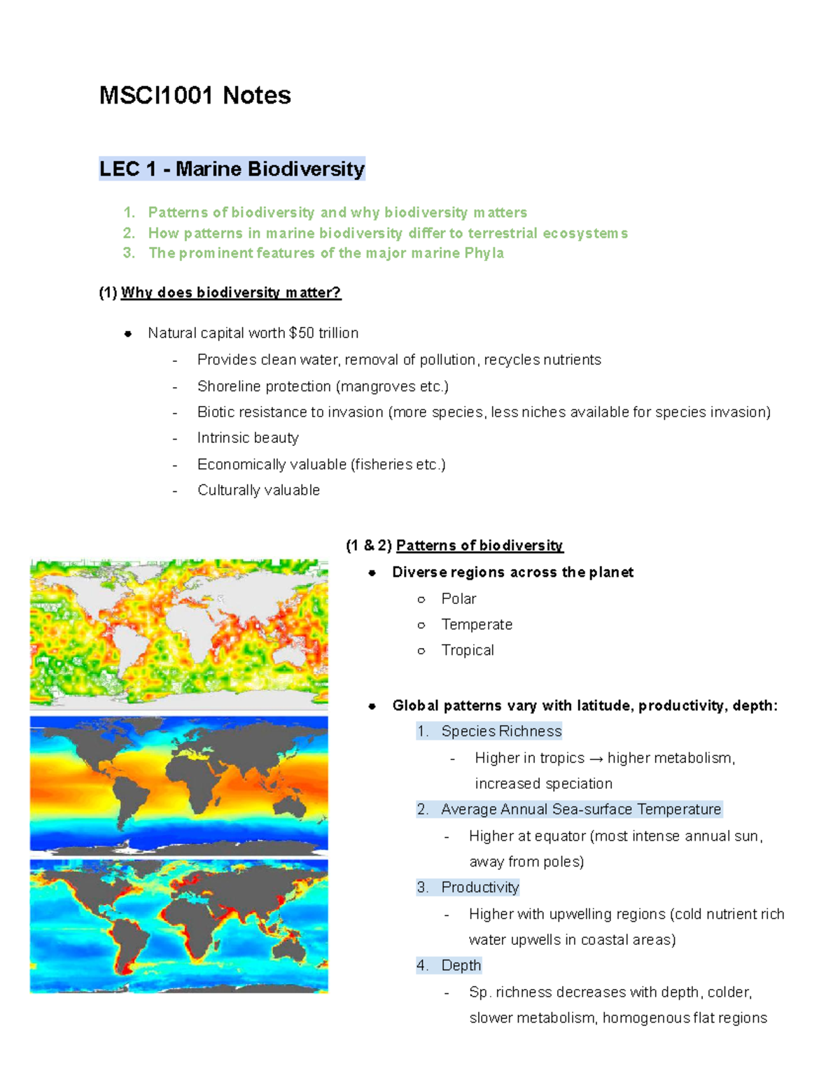 MSCI1001 notes - MSCI1001 Notes LEC 1 - Marine Biodiversity 1. Patterns ...
