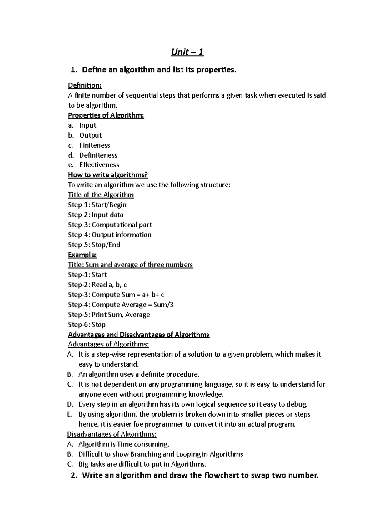 Pps Unit - 1 with answers - Unit – 1 1. Define an algorithm and list ...