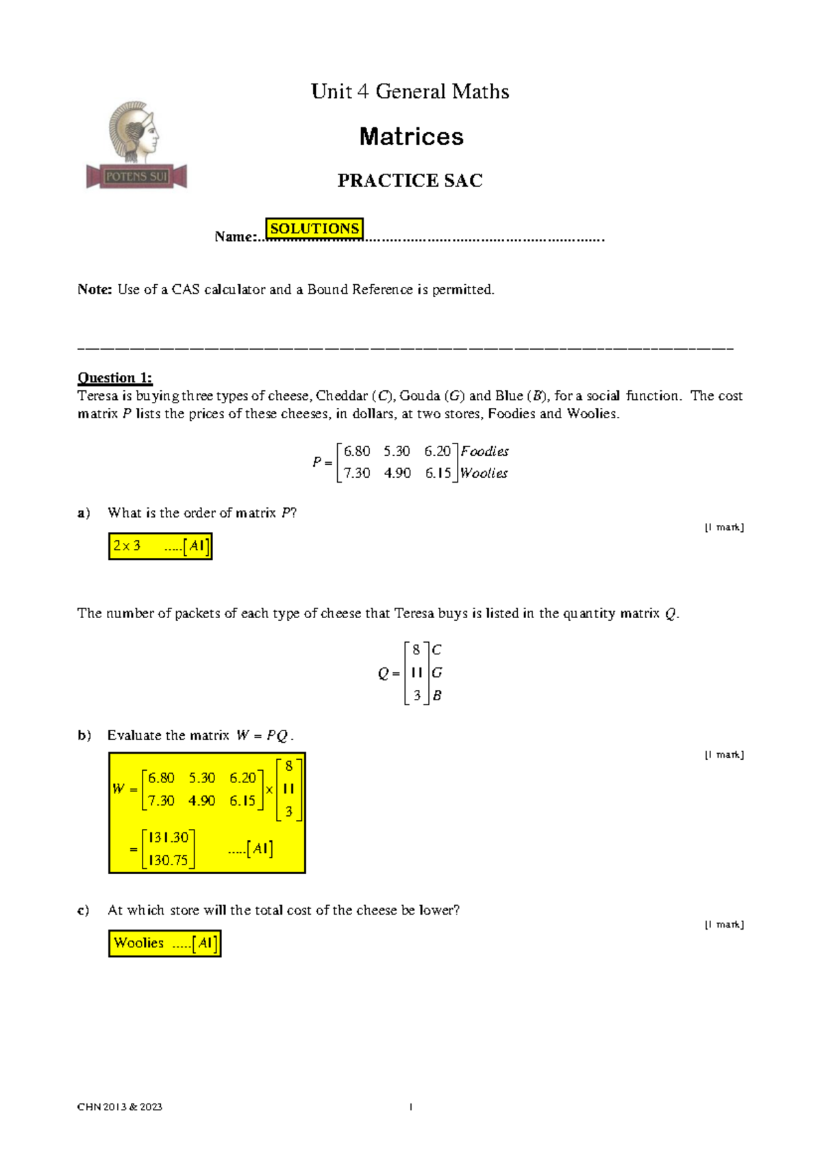 3GM SAC 3 Matrices Practice SAC - Solutions - Unit 4 General Maths ...