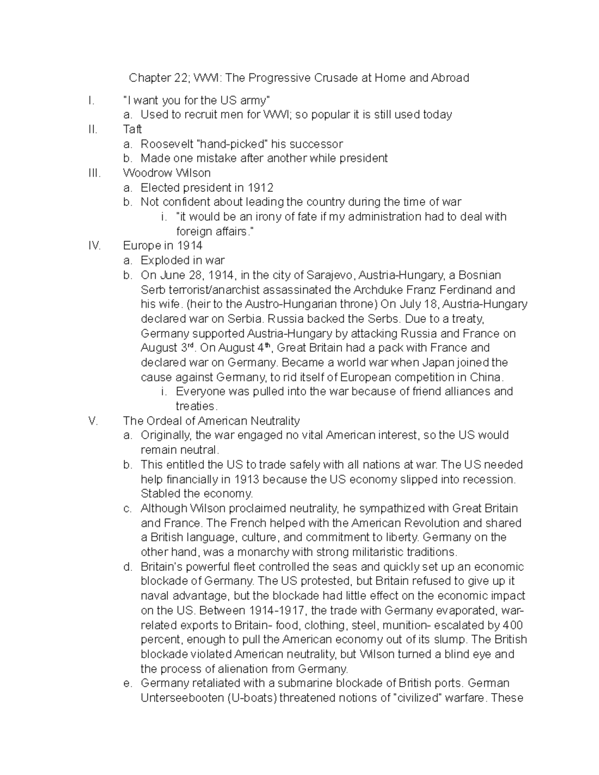 History- Chapter 22 notes - Chapter 22; WWI: The Progressive Crusade at ...