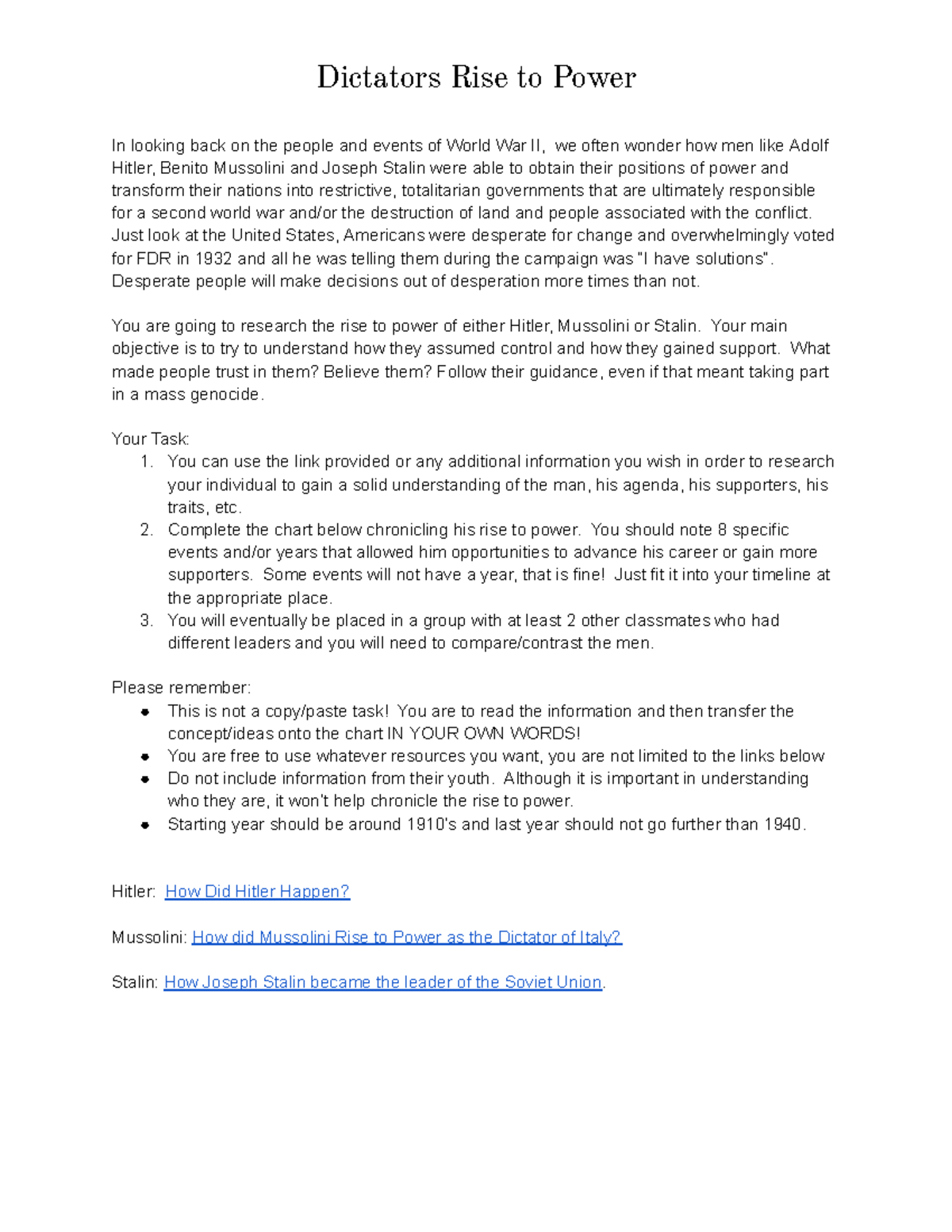Dictators- WWII - Google Docs - Dictators Rise to Power In looking back ...