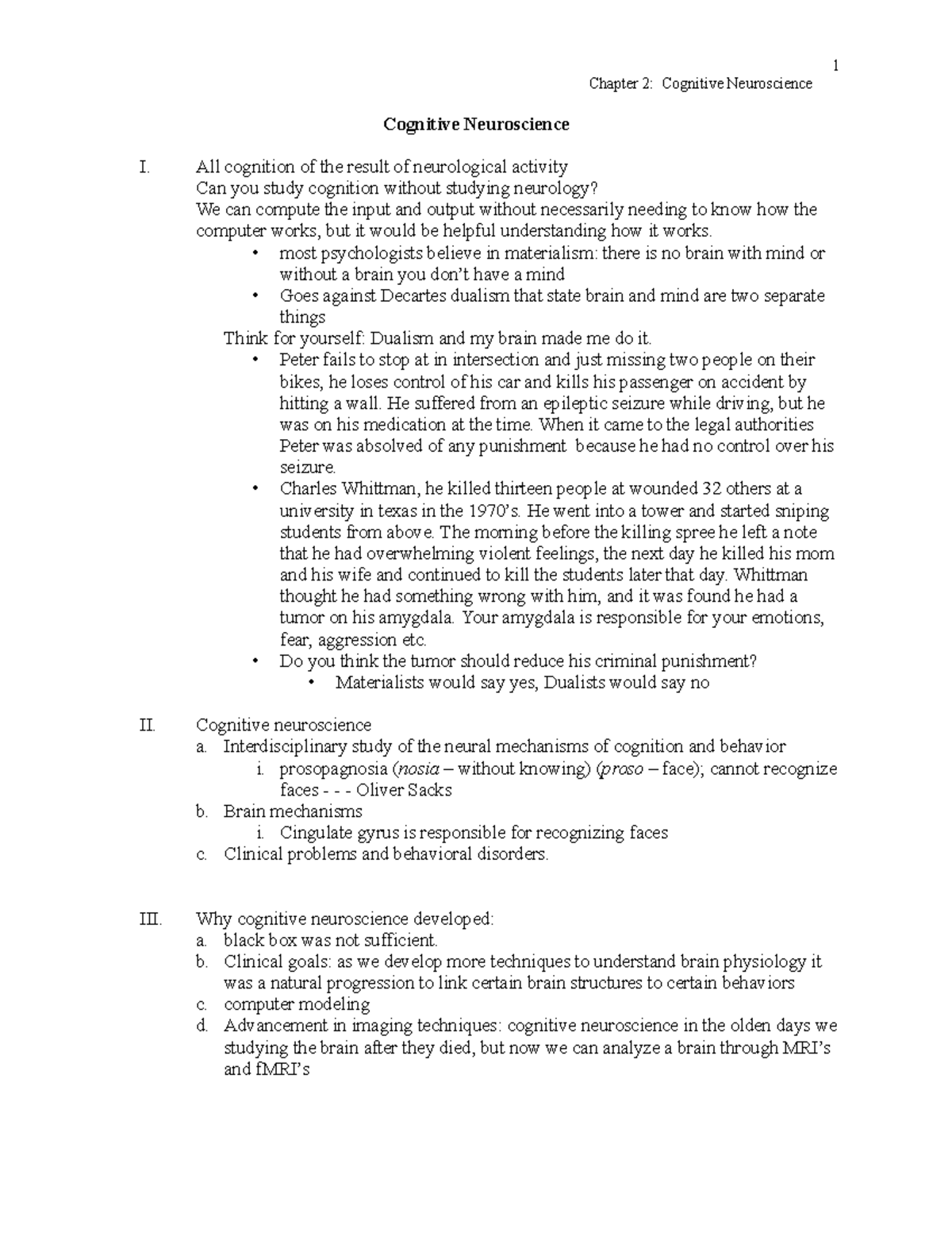 Chapter 2 Handout - NOTES - Chapter 2: Cognitive Neuroscience Cognitive ...