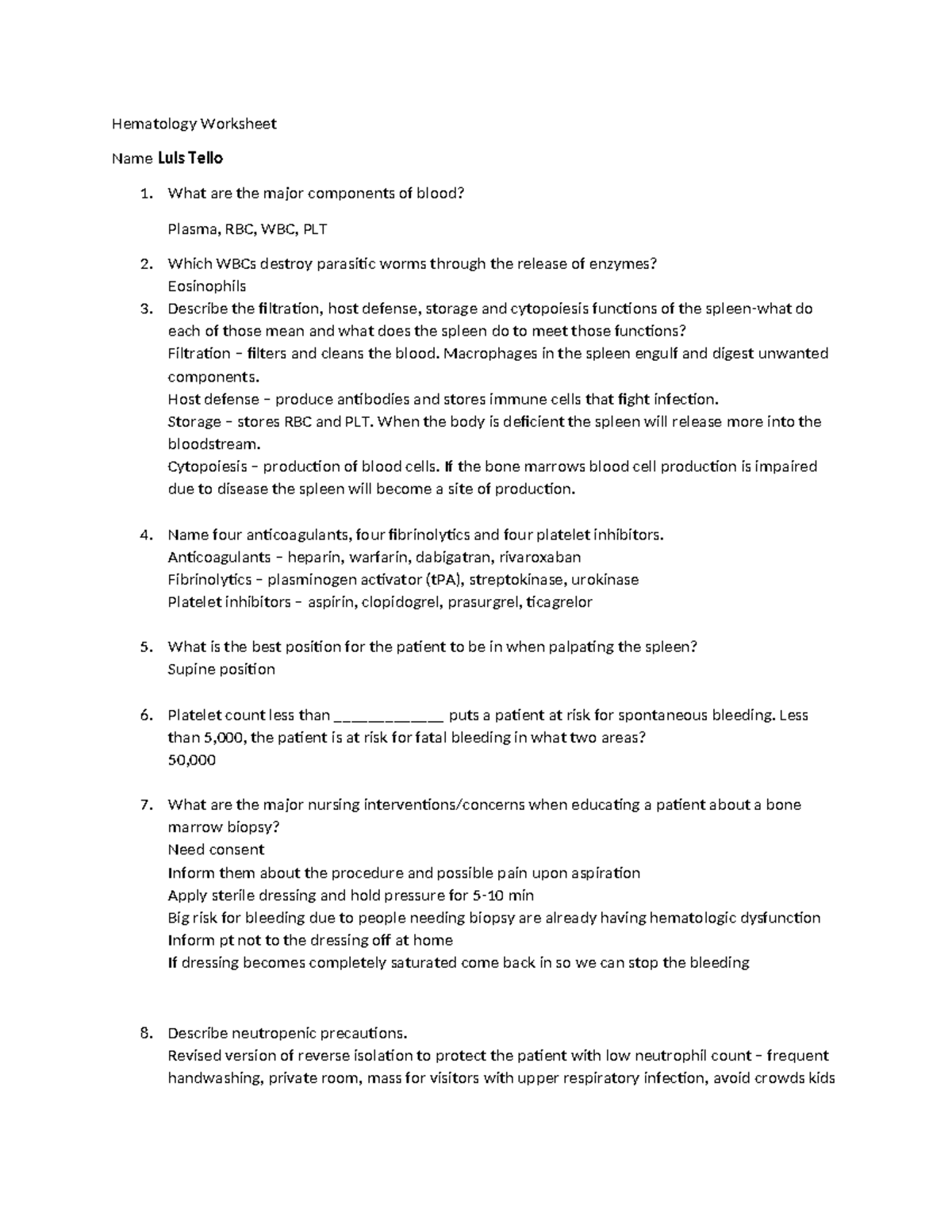 Hematology Worksheet - Hematology Worksheet Name Luis Tello 1. What are ...