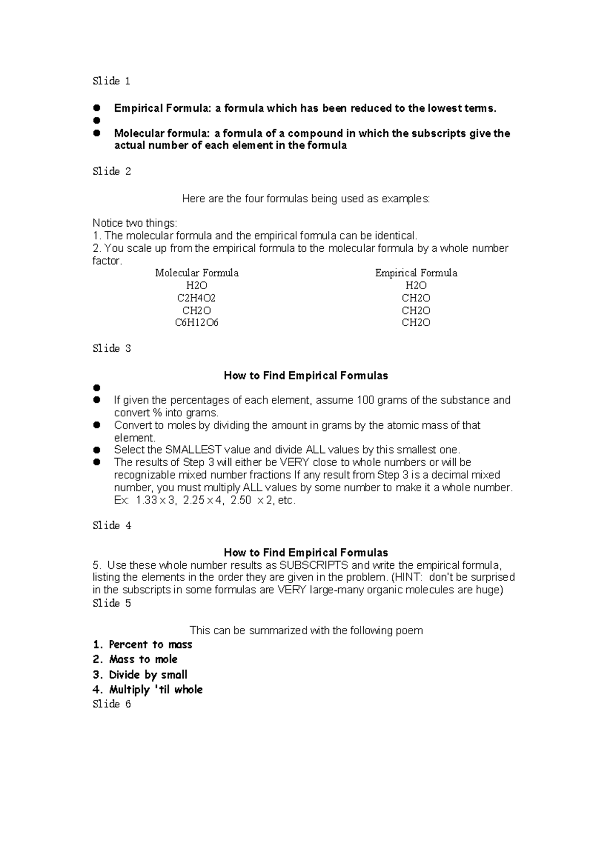 Emperical and Molecular Formula Notes - Slide 1 Empirical Formula: a ...