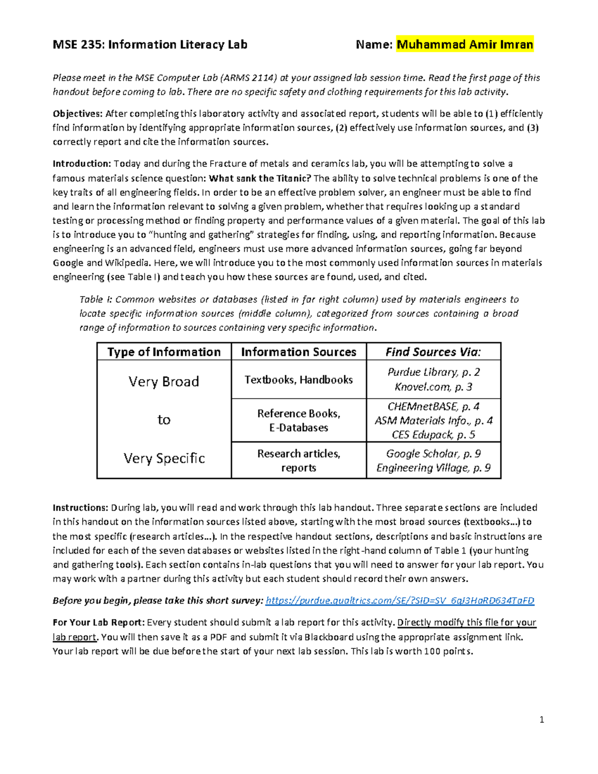 Imran Information Literacy 006 - Please meet in the MSE Computer Lab ...