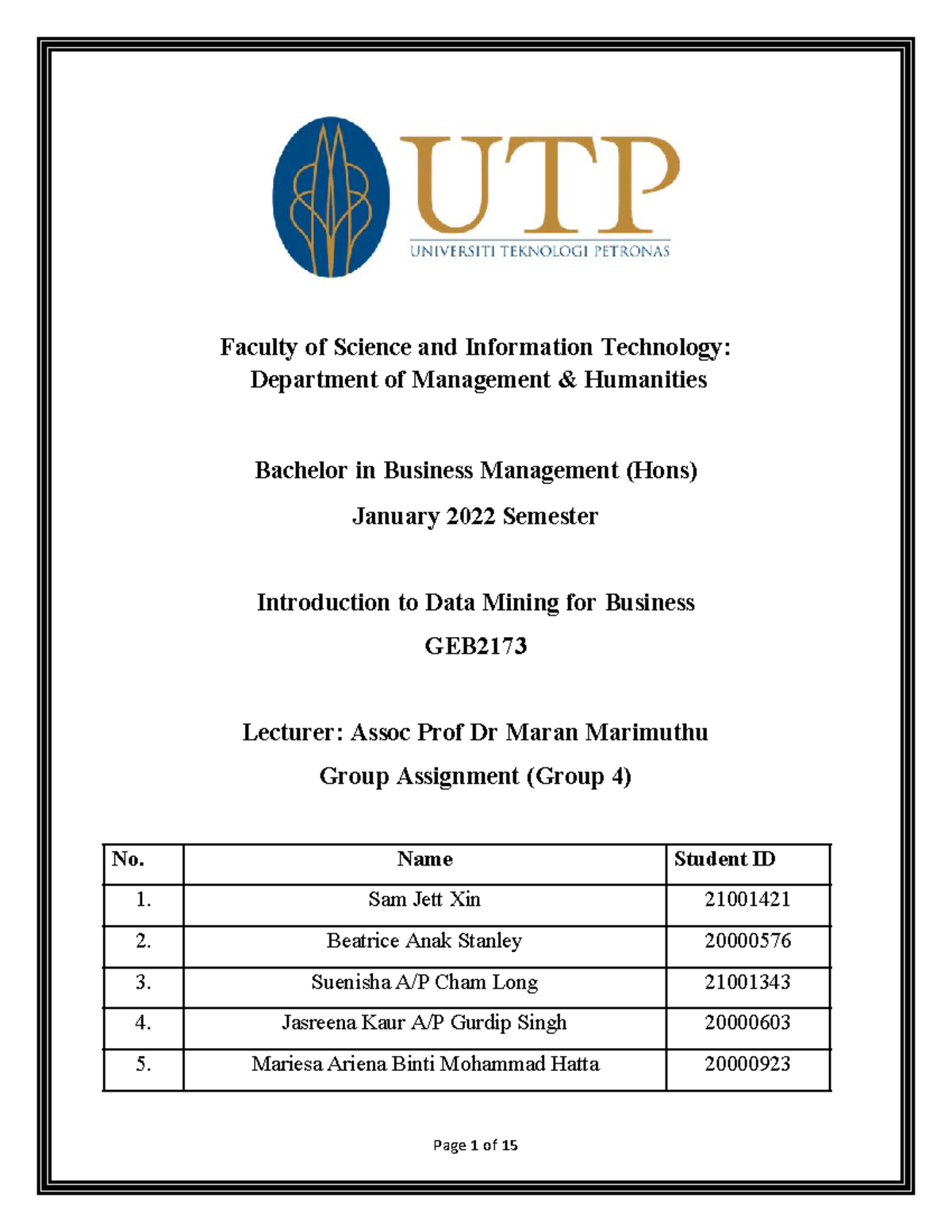 IDM Group Assignment Group 4 - Faculty of Science and Information ...