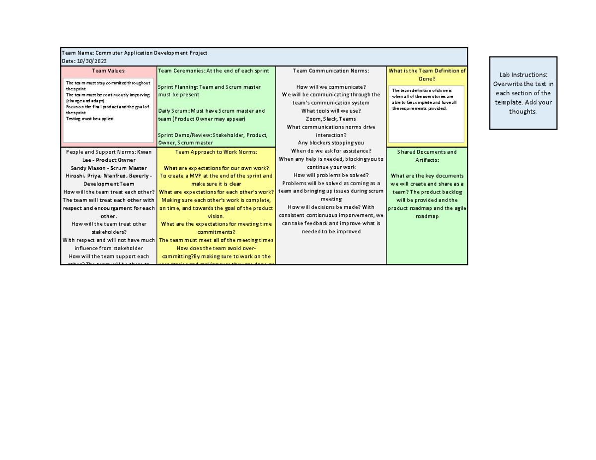 Working Agreement - Lab Instructions: Overwrite the text in each ...