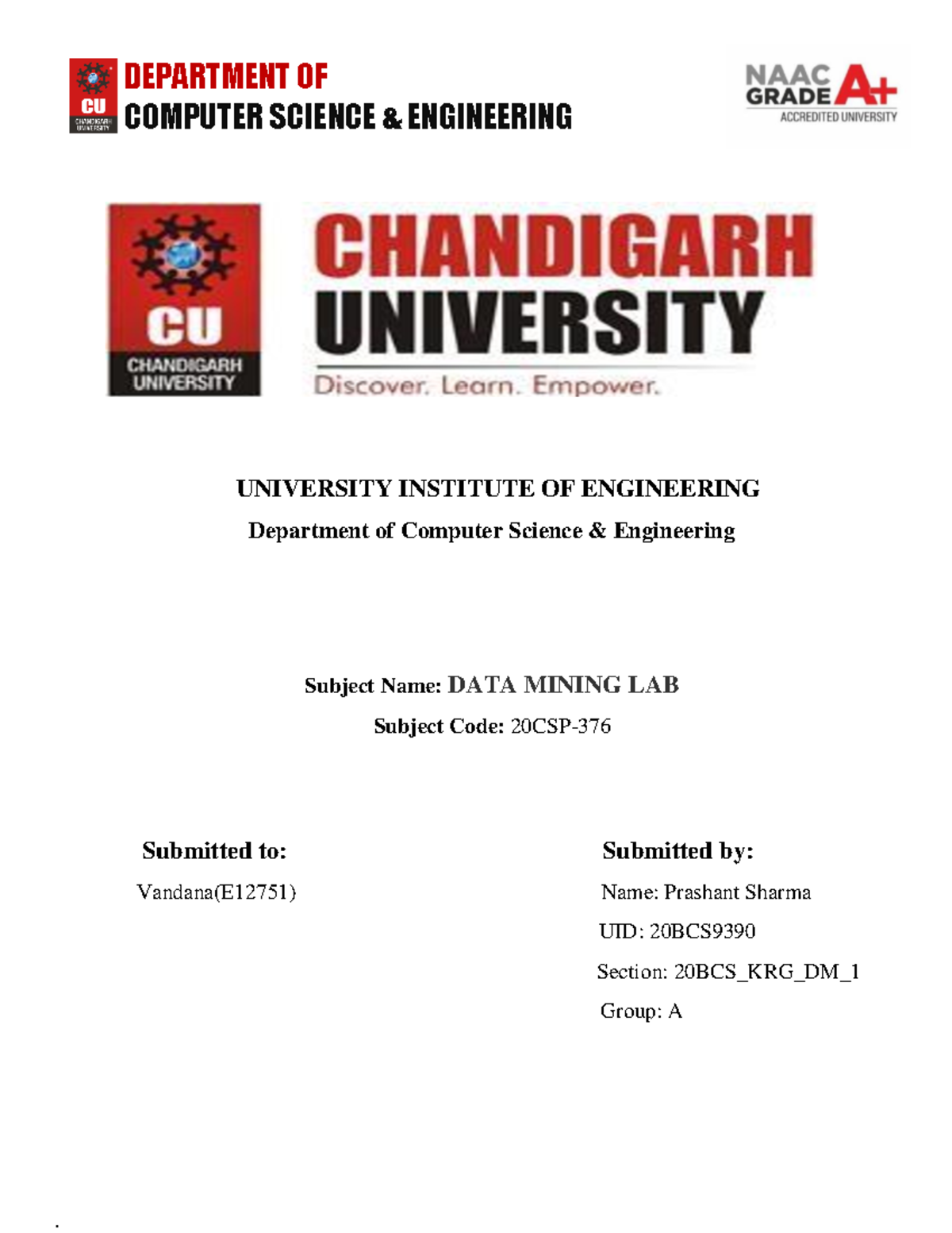 Prashant 20bcs9390 exp 1 - COMPUTER SCIENCE & ENGINEERING UNIVERSITY ...
