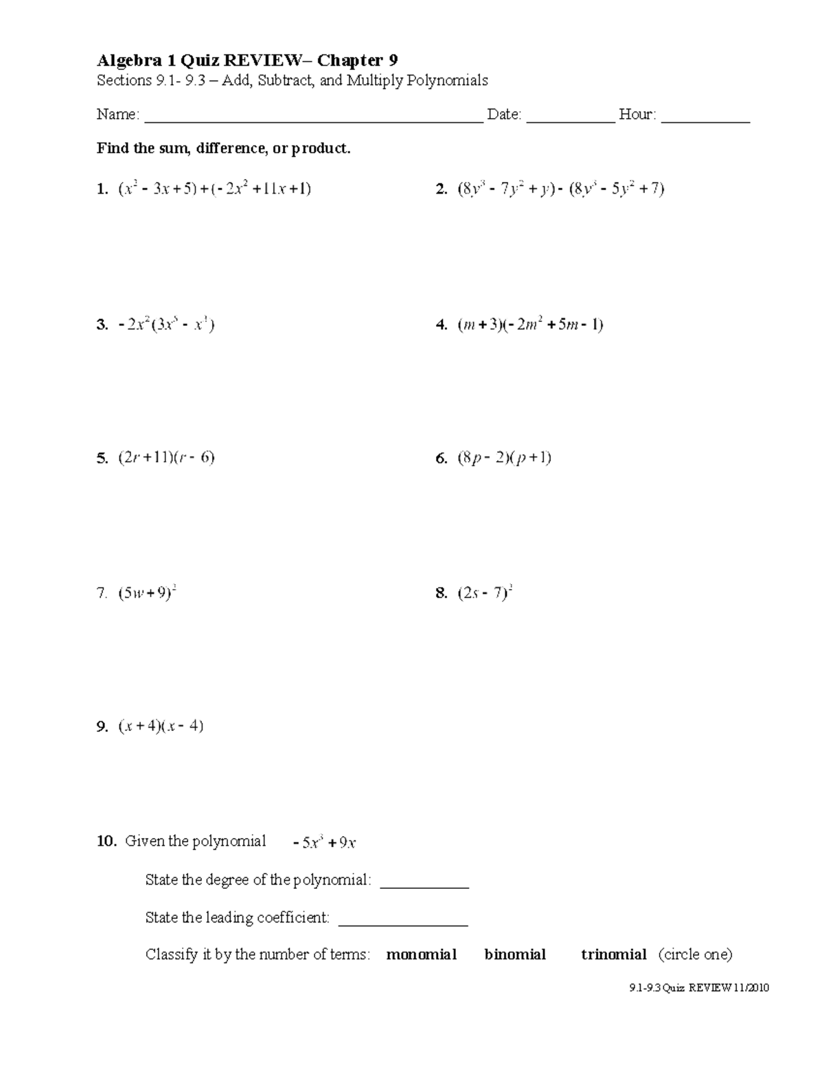 9 1-9 3 Quiz Review - ,....................... - Algebra 1 Quiz REVIEW ...