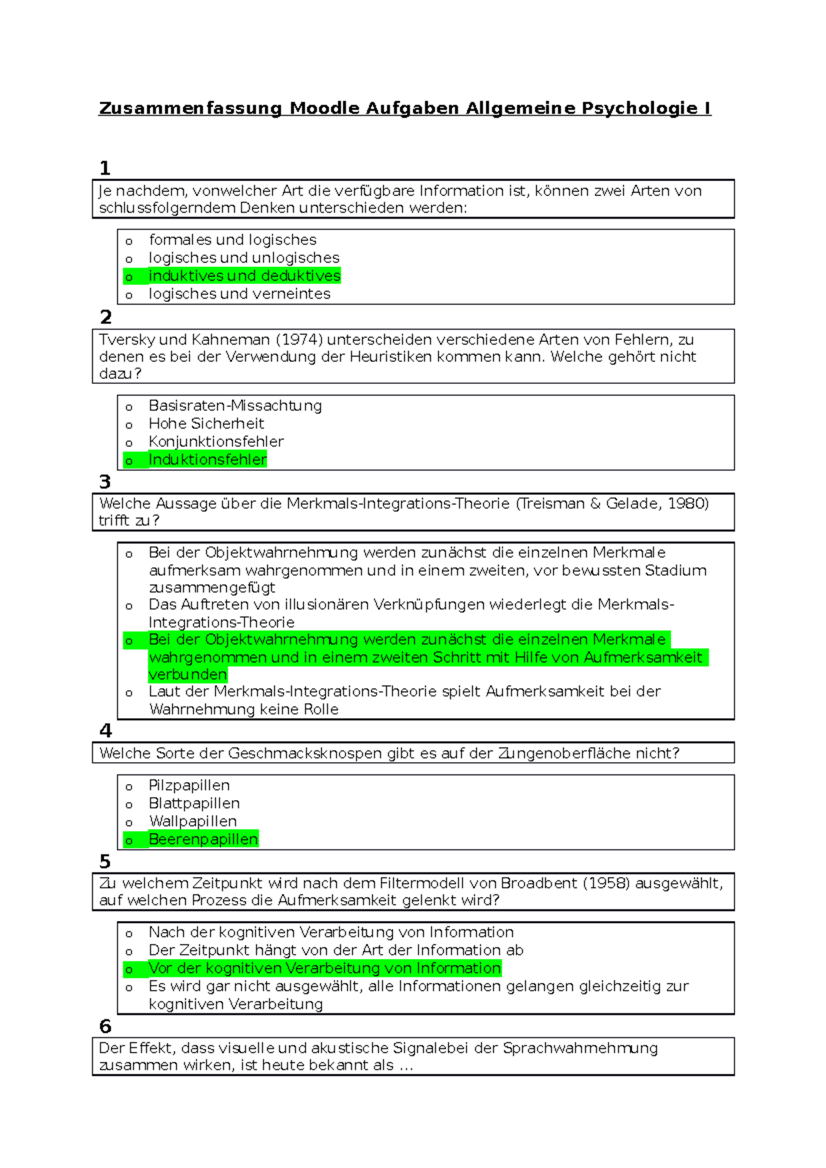 Zusammenfassung Moodle Aufgaben Allgemeine Psychologie I kompakt - Zusammenfassung Moodle ...