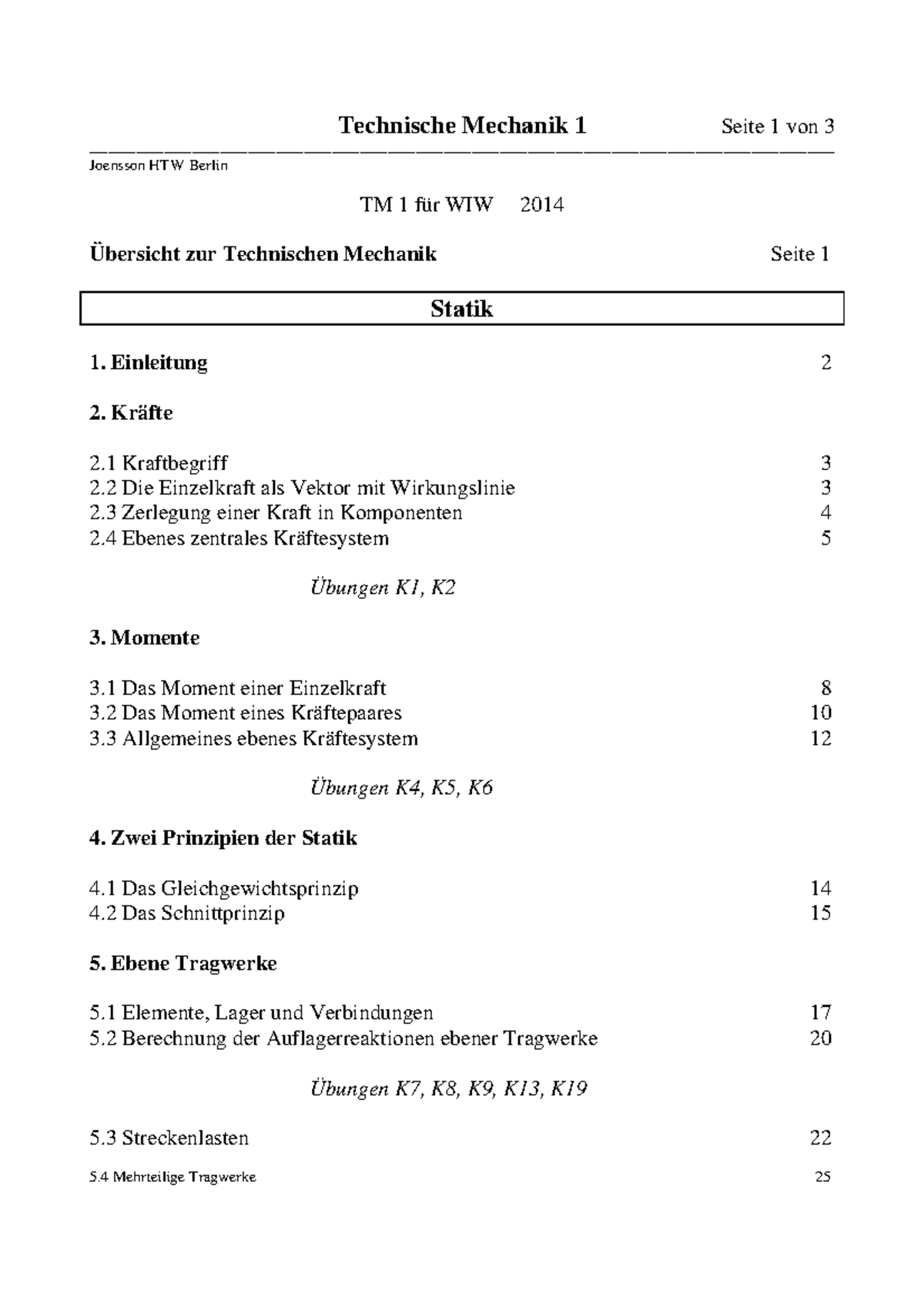 TM 1-Inhalt WIW - Zusammenfassung der Themen im ersten Semester TM - Technische Mechanik 1 Seite ...