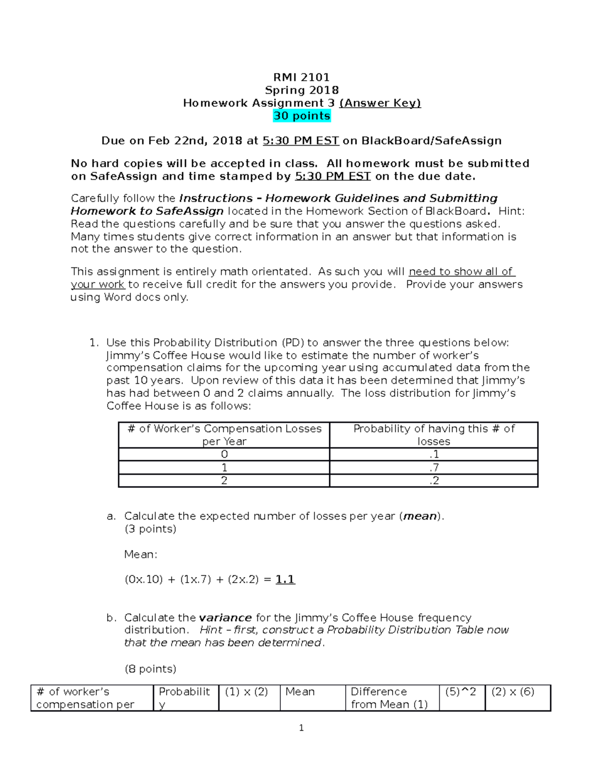 Homework #3 Spring 2018 - RMI 2101 Spring 2018 Homework Assignment 3 (Answer Key) 30 points Due ...