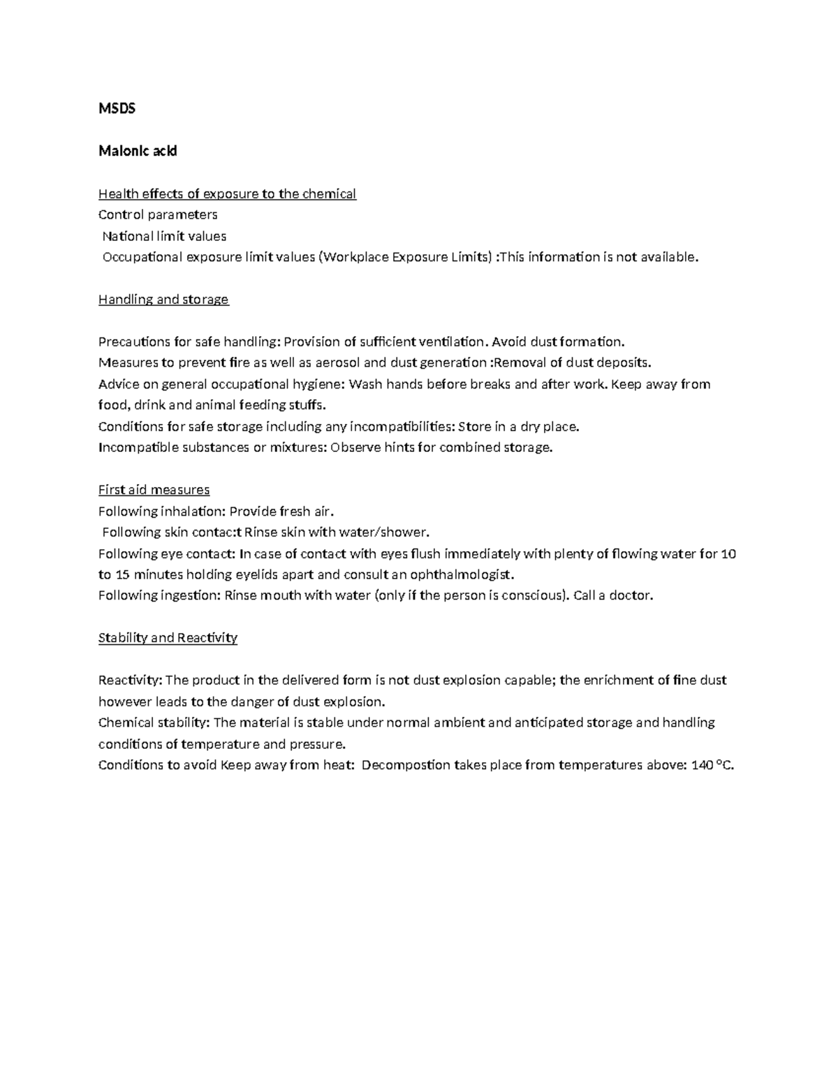 MSDS 9 - lab 9 - MSDS Malonic acid Health effects of exposure to the ...