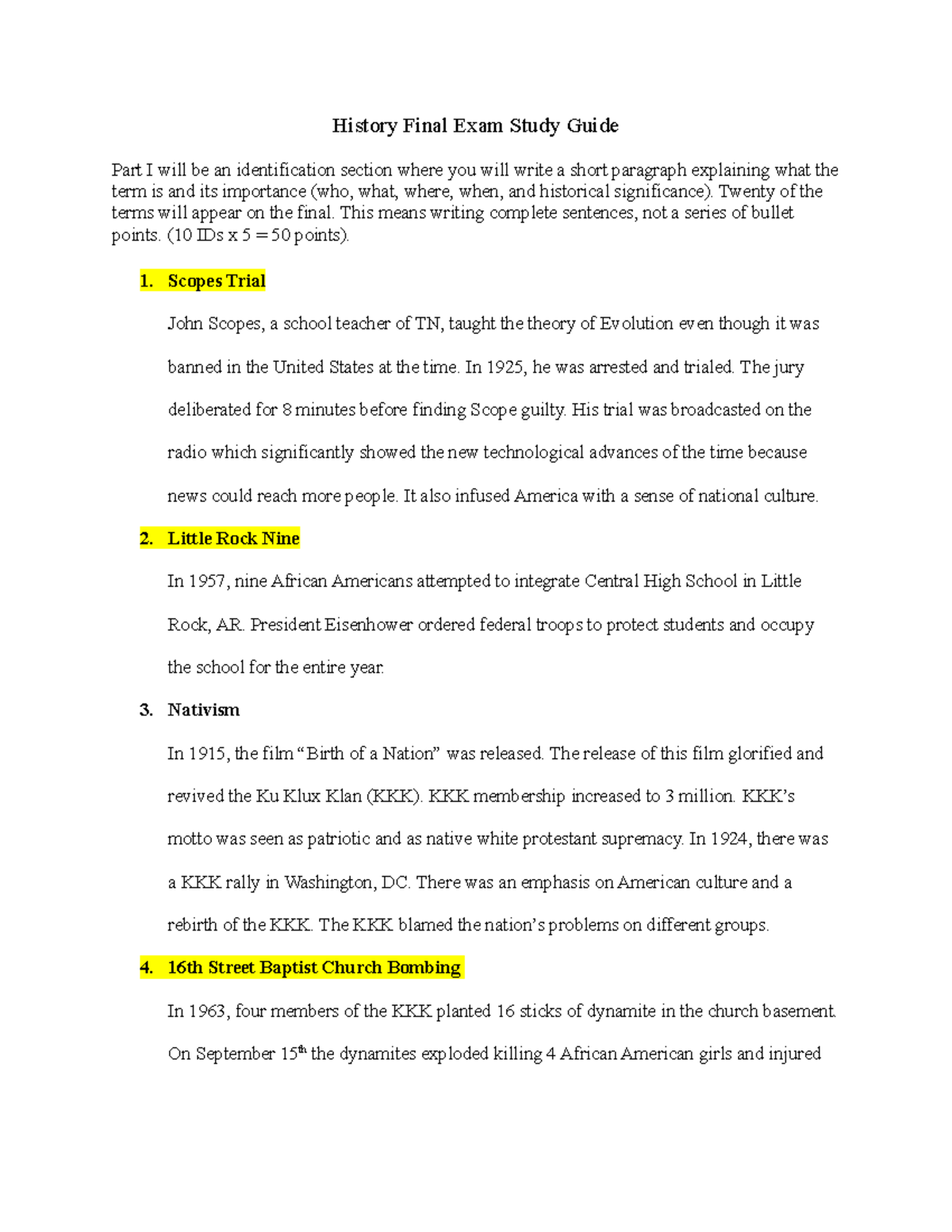 History Final Exam Study Guide - Twenty of the terms will appear on the ...