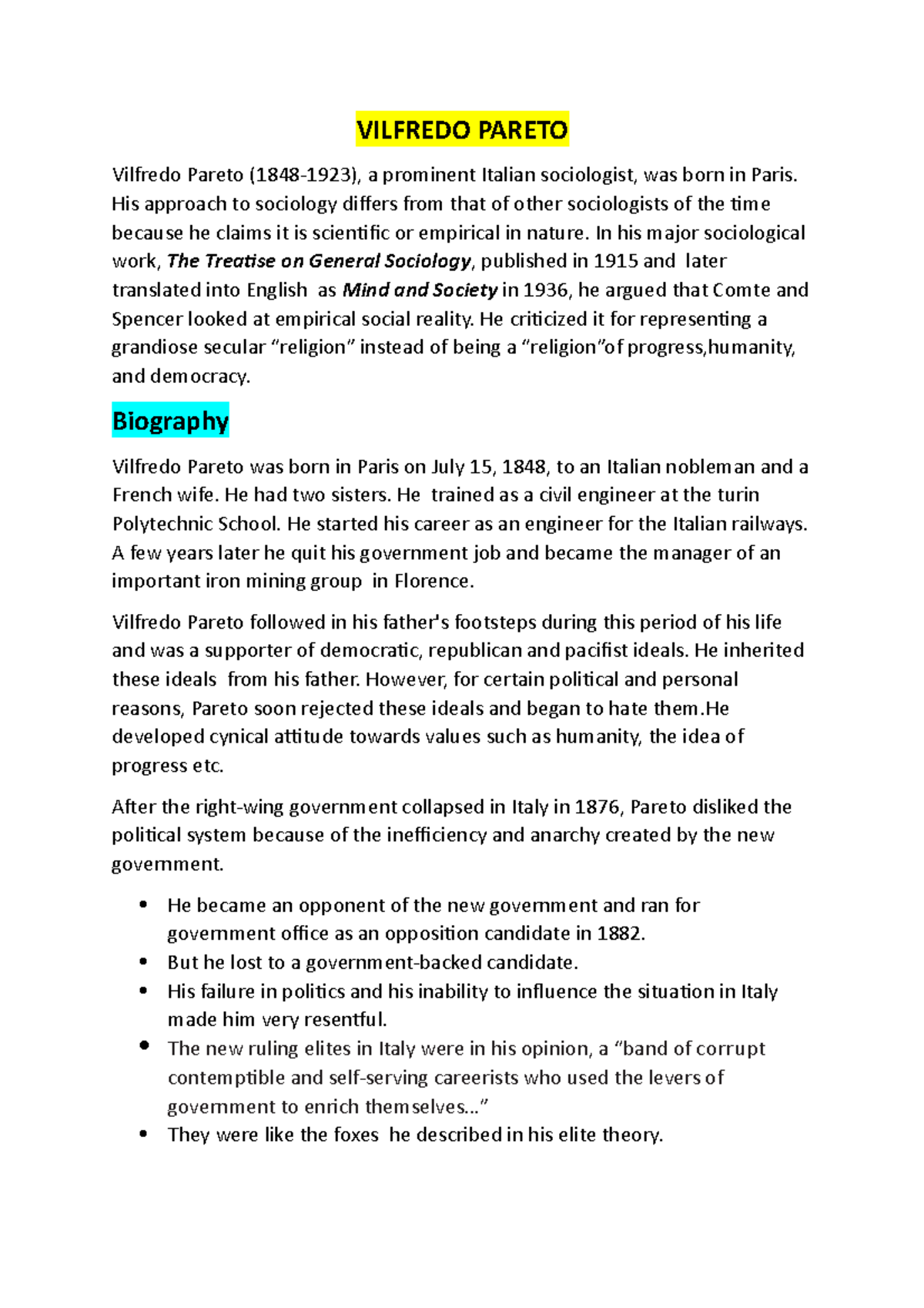 Biography and Important Theories of Vilfredo Pareto - VILFREDO PARETO ...