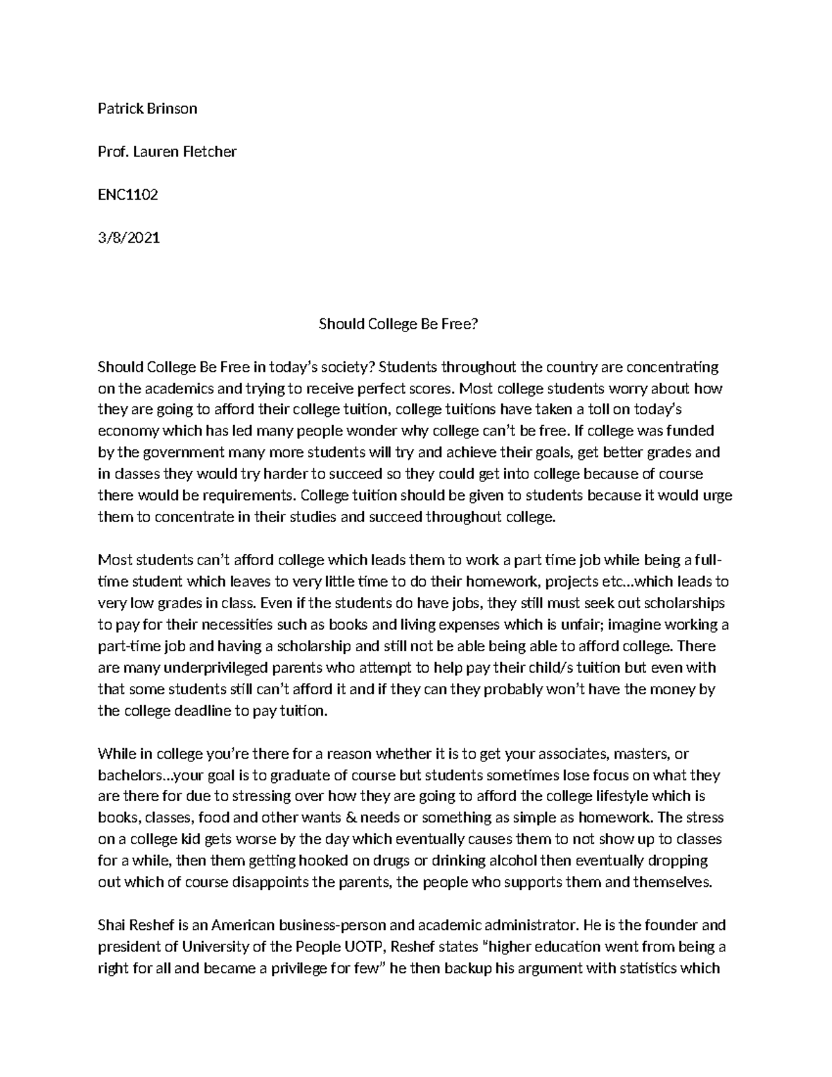 Refutation essay - a few questions based on your life - Patrick Brinson ...