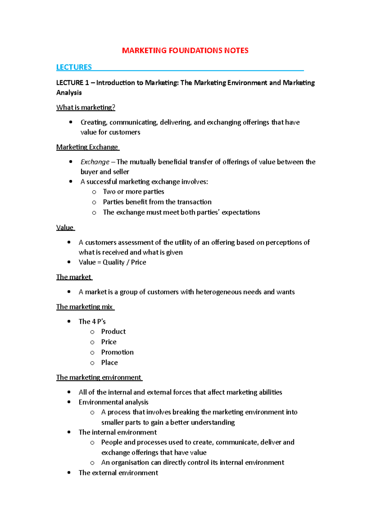 Marketing Foundations Notes - MARKETING FOUNDATIONS NOTES LECTURES ...