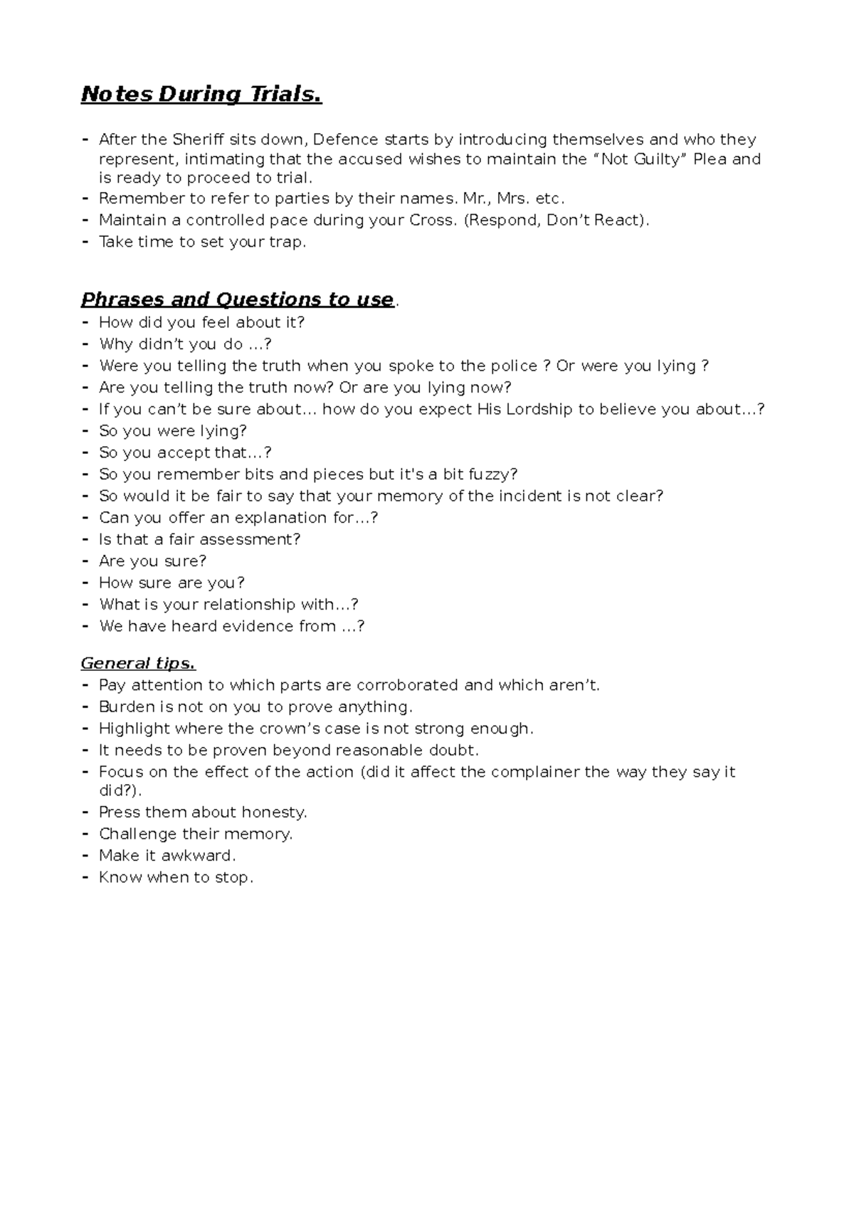 Defence Counsel Tips from Court - Notes During Trials. - After the ...