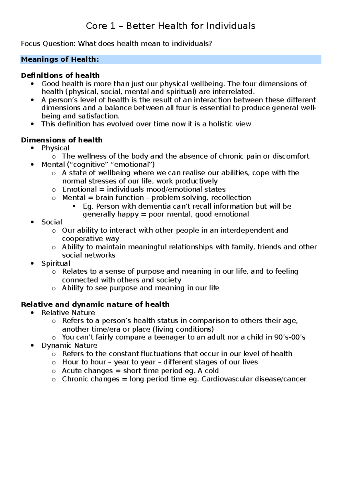 Pdhpe Final Notes - Y11 - Core 1 – Better Health for Individuals Focus ...