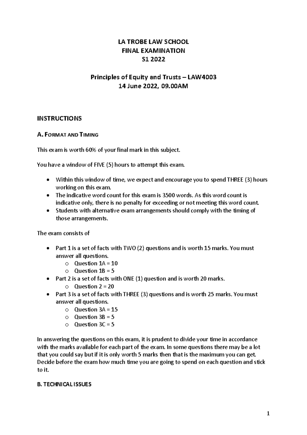 LAW4003 2022 Final Exam - LA TROBE LAW SCHOOL FINAL EXAMINATION S1 202 ...