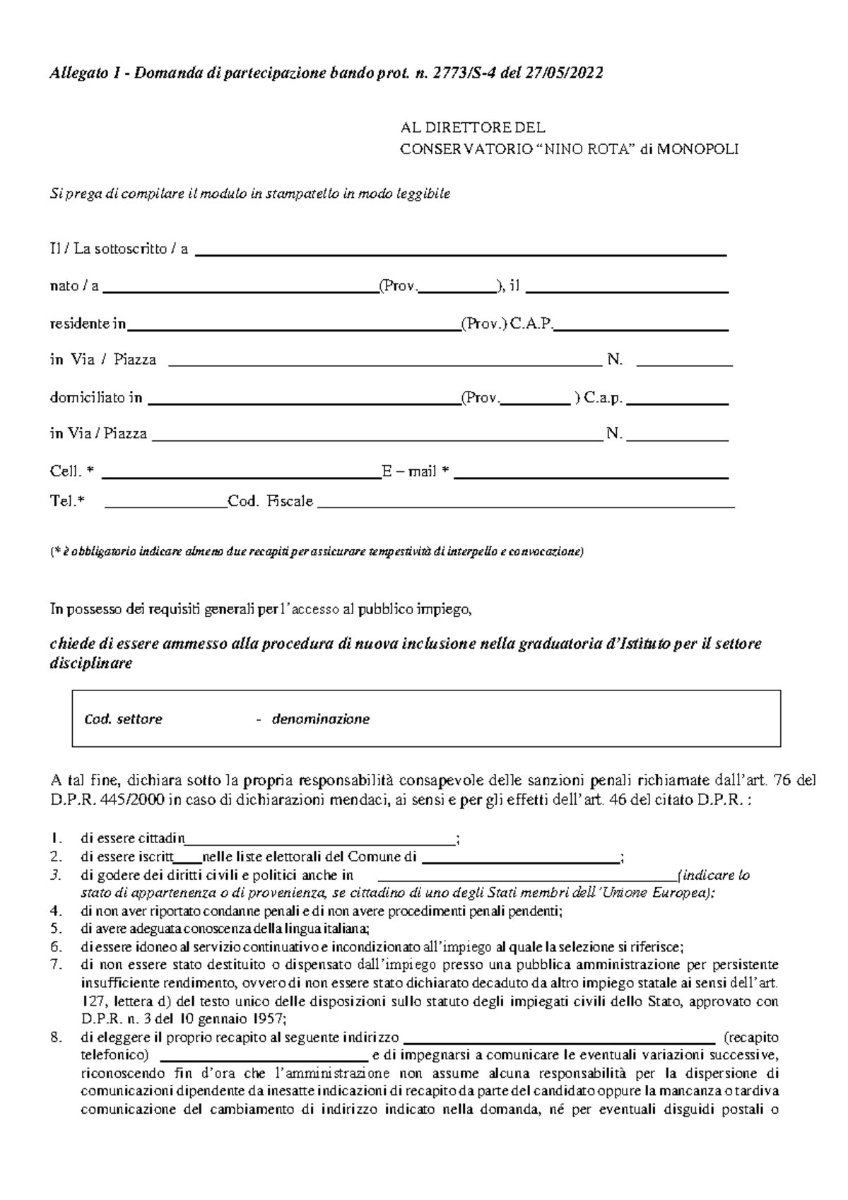 Mod-domanda- Bando GDI - Allegato 1 - Domanda di partecipazione bando ...