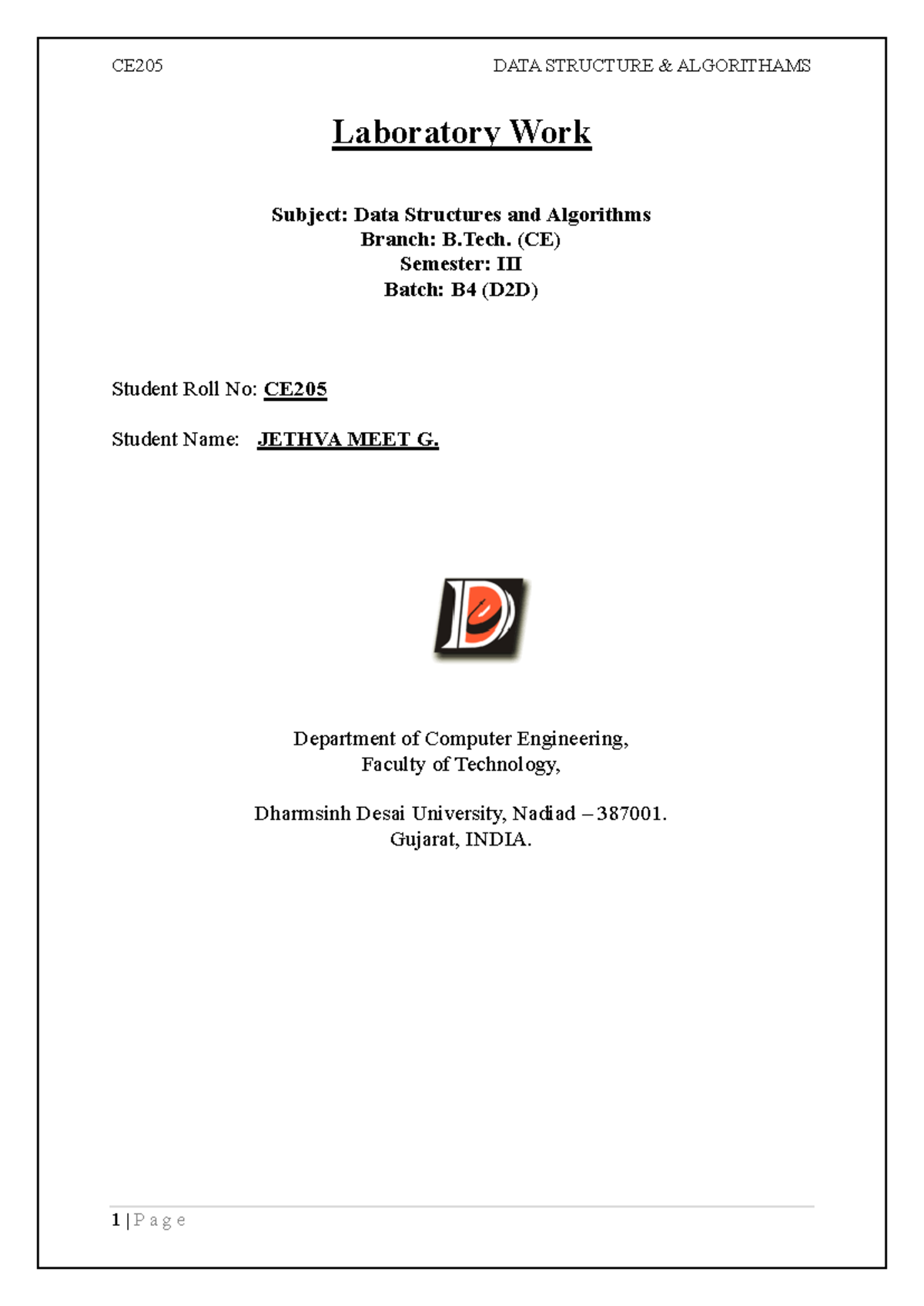 CE205 All Labs - dczscds - Laboratory Work Subject: Data Structures and ...