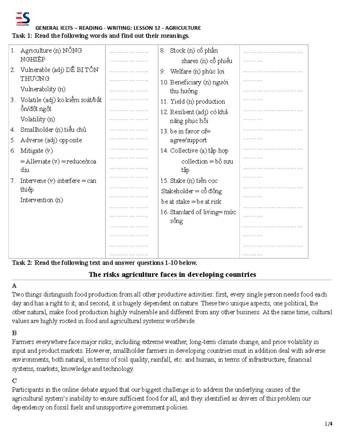 Ielts General 5.0 - REA - WRI - Lesson 12 - Agriculture - Task 1: Read ...