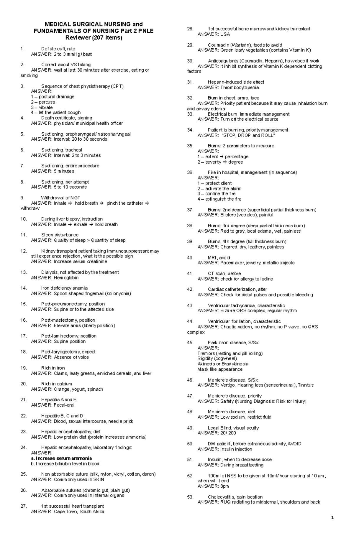 Medical Surgical Nursing and Fundamentals OF Nursing Part 2 PNLE Reviewer (207 Items) - MEDICAL ...