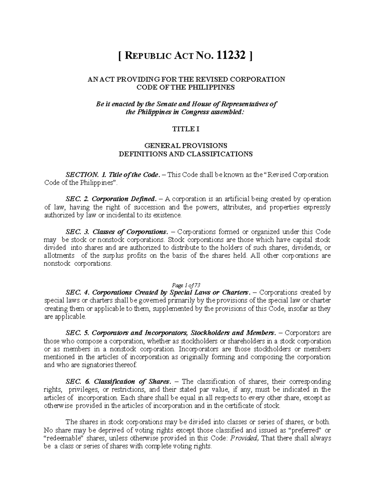 Revised Corporation CODE 2019 - [ REPUBLIC ACT NO. 11232 ] AN ACT ...