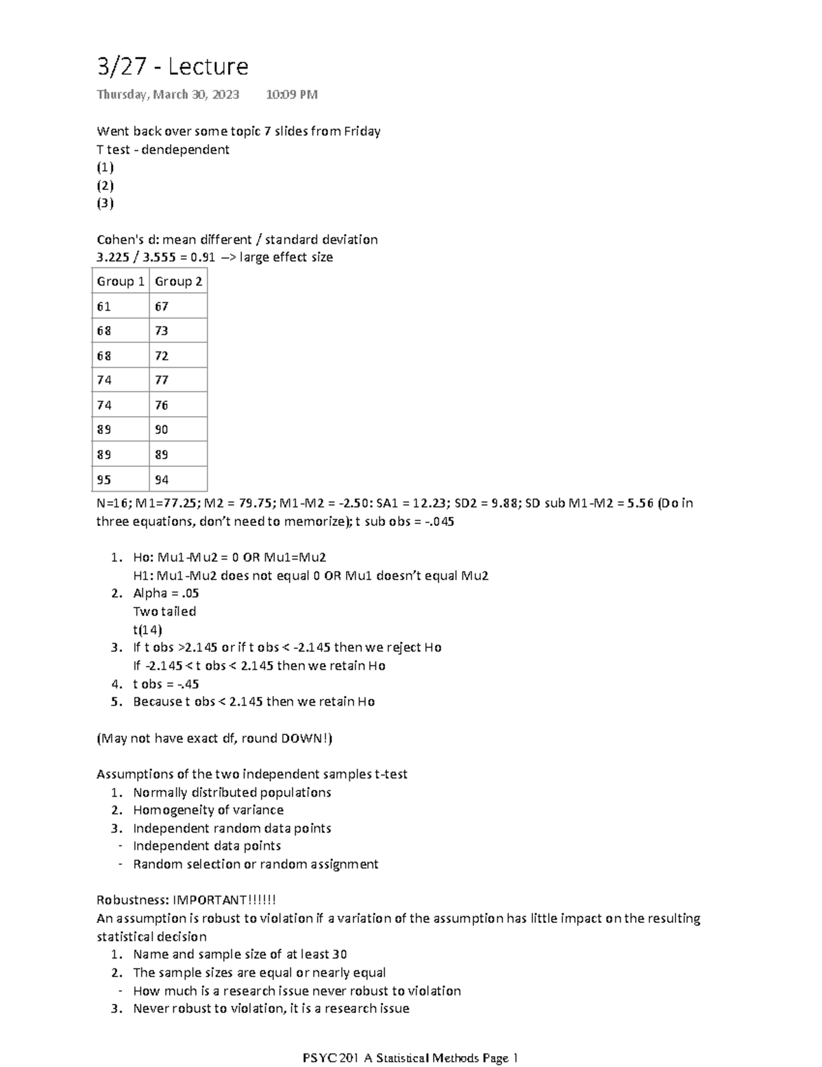 327 - Lecture - Went back over some topic 7 slides from Friday T test ...